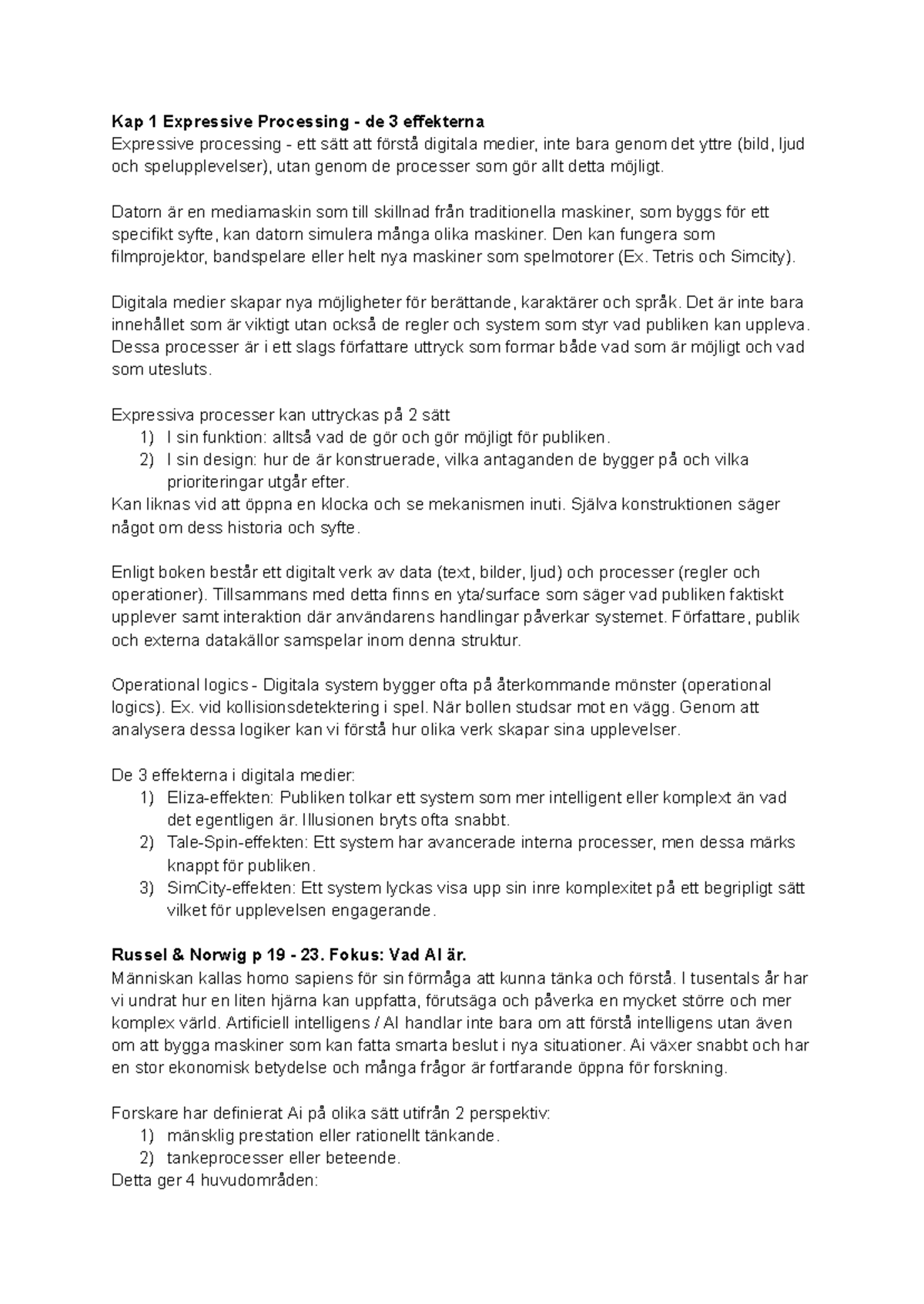 Kap 1: Expressive Processing och AI i Digitala Medier - Anteckningar ...