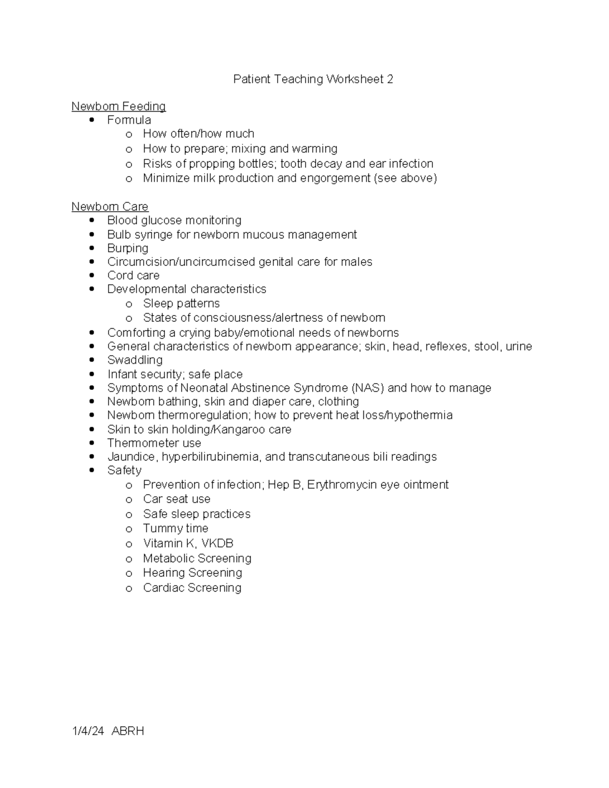 Patient Teaching Worksheet 2: Newborn Care & Feeding Guidelines - Studocu