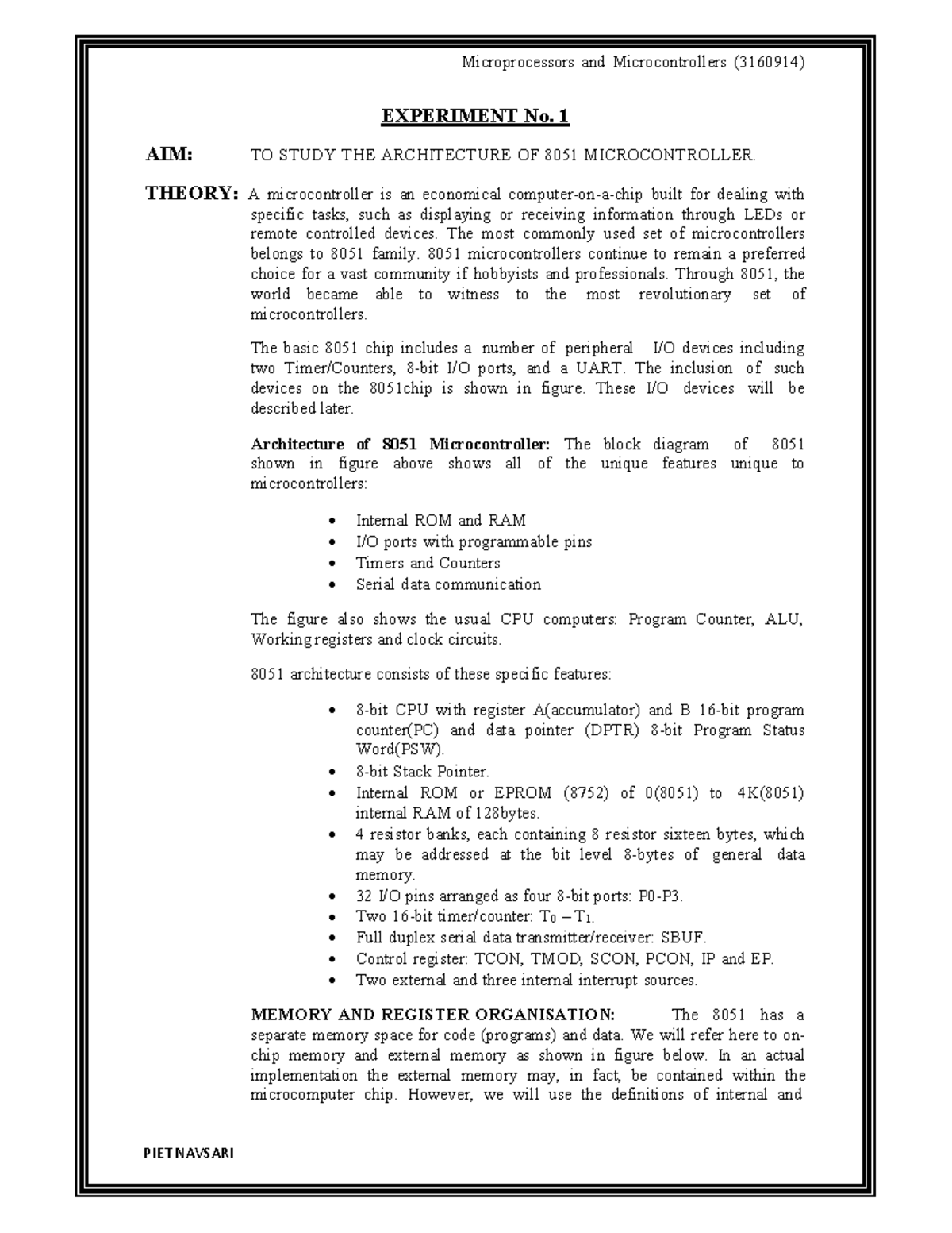 Microprocessors and Microcontrollers (3160914) Experiment 1: 8051 Architecture - Studocu