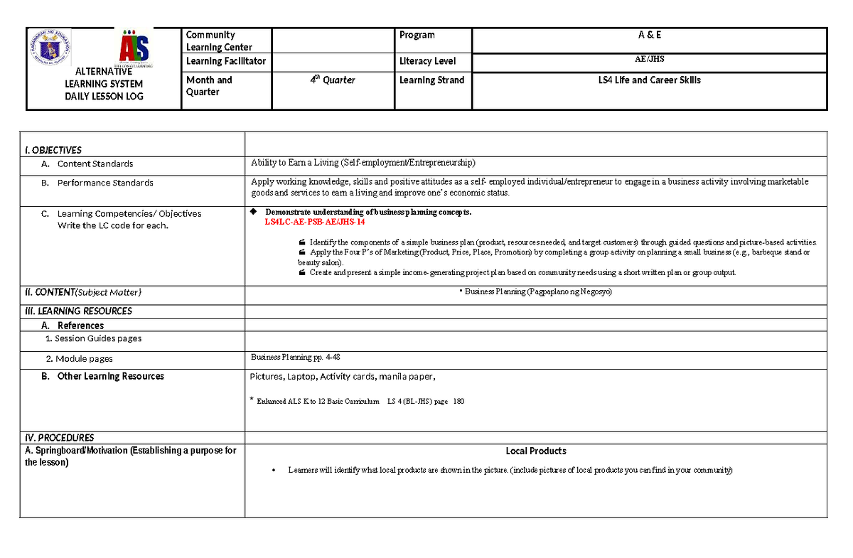 Week 3 - LS4 Daily Lesson Log: Business Planning (Pagpaplano ng Negosyo ...