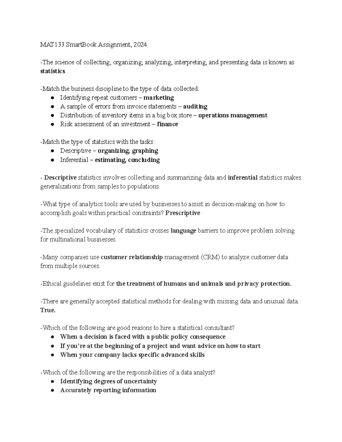 MAT133 SmartBook Assignment Insights and Statistical Methods - Studocu