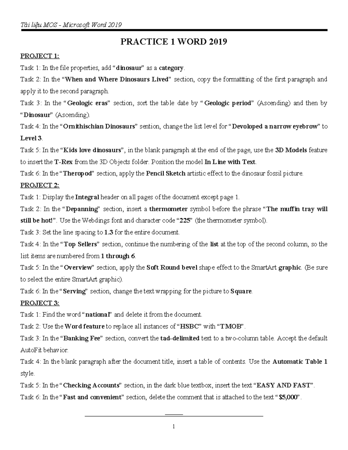 Tài liệu MOS Microsoft Word 2019 - Practice Projects Overview - Studocu
