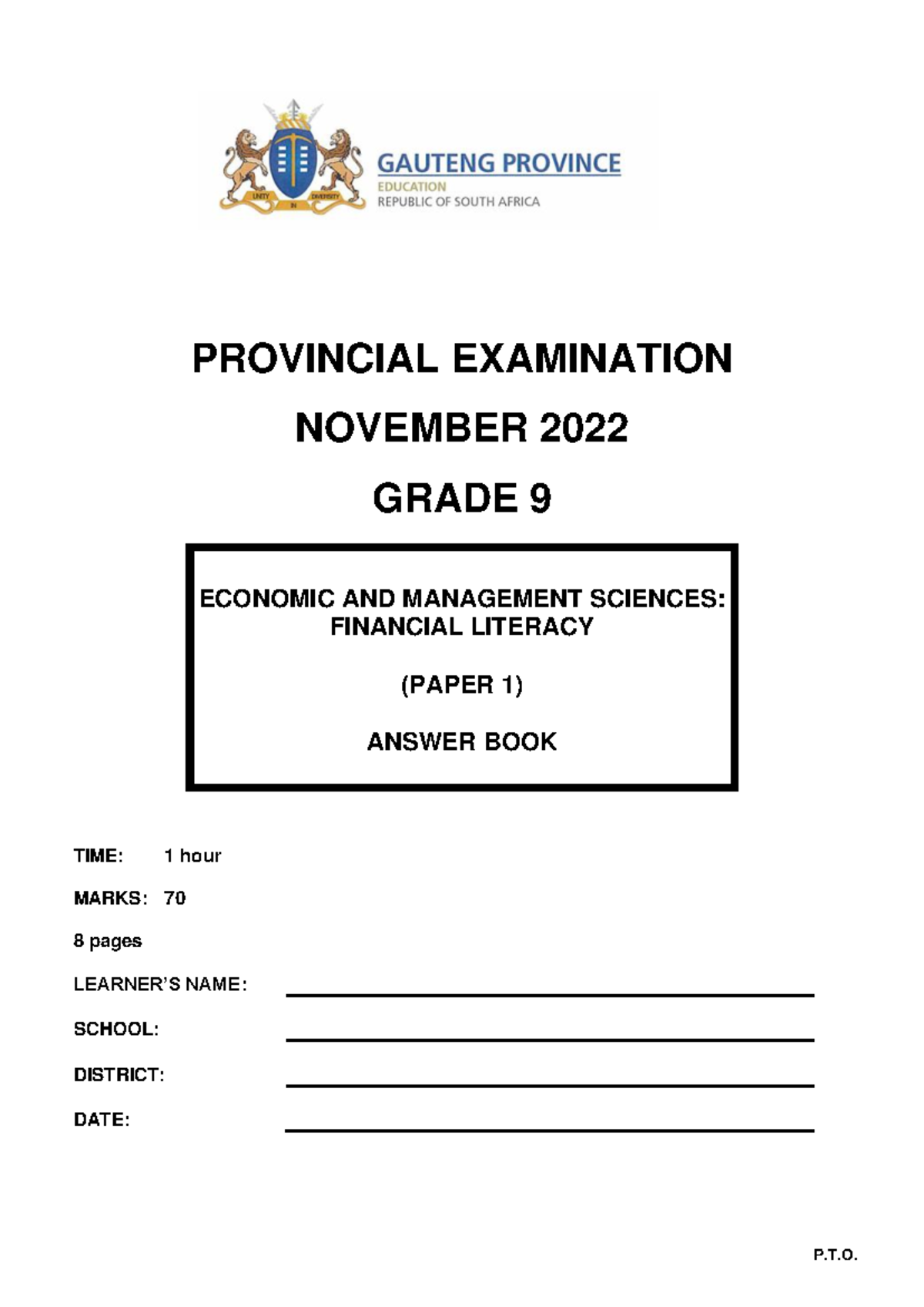 Grade 9 EMS P1 November 2022 Examination Answer Book - Studocu