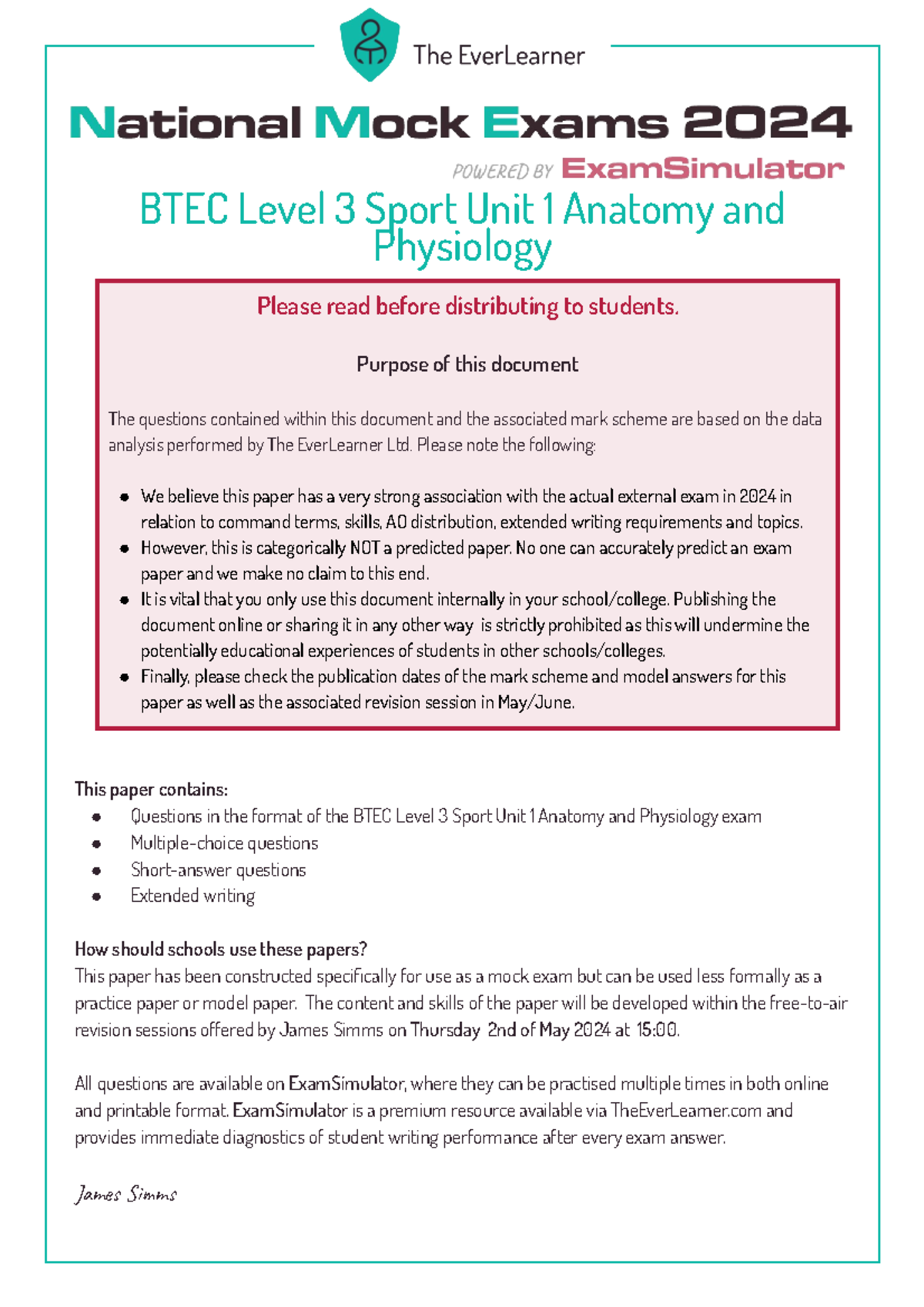 National Mock Exam 2024 BTEC Sport Level 3 Unit 1: Anatomy & Physiology - Studocu