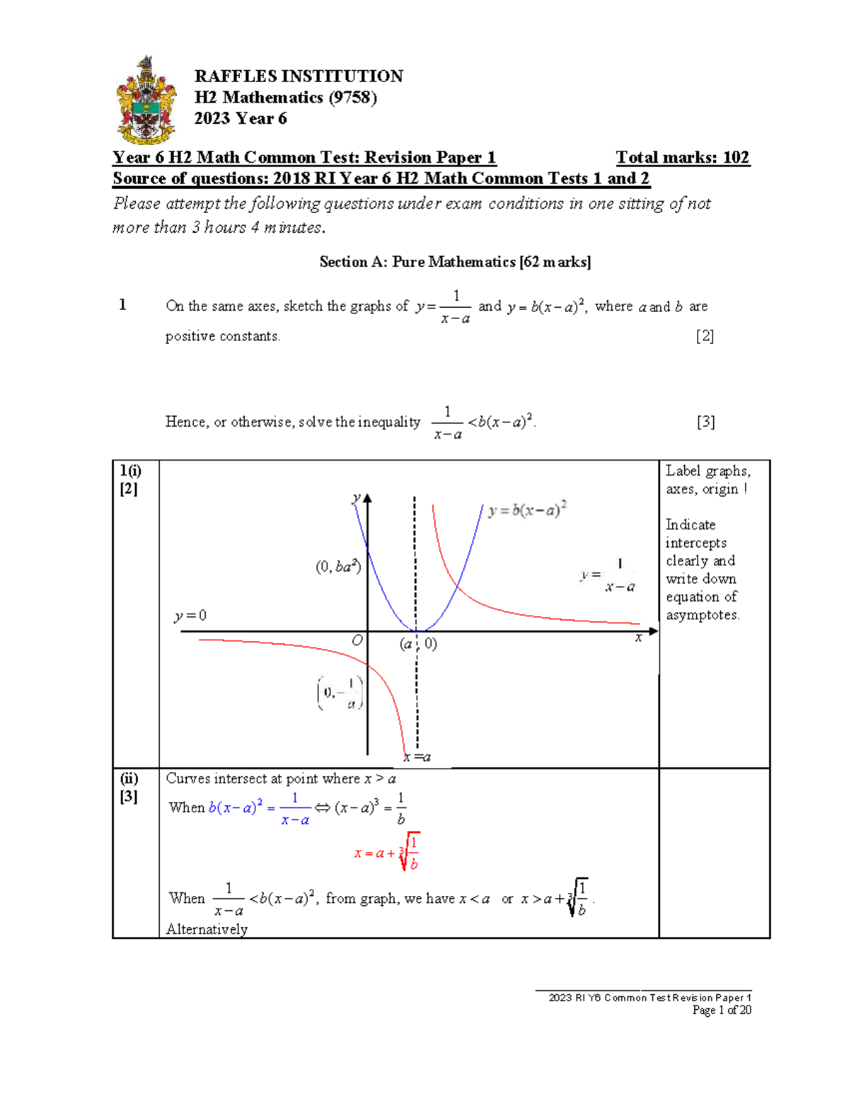 2023 RI H2 Mathematics Year 6 Common Test Revision Paper 1 Solutions ...