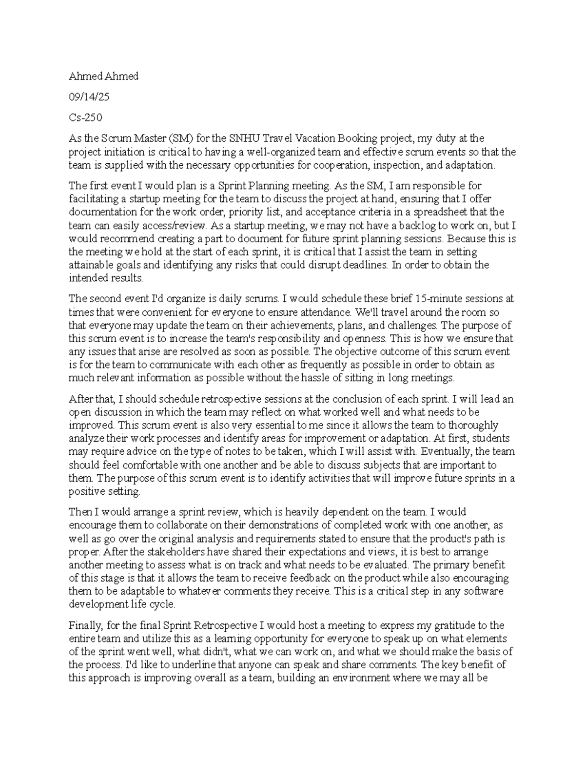 SNHU M2 Journal: Scrum Master Role in Travel Booking Project - Studocu