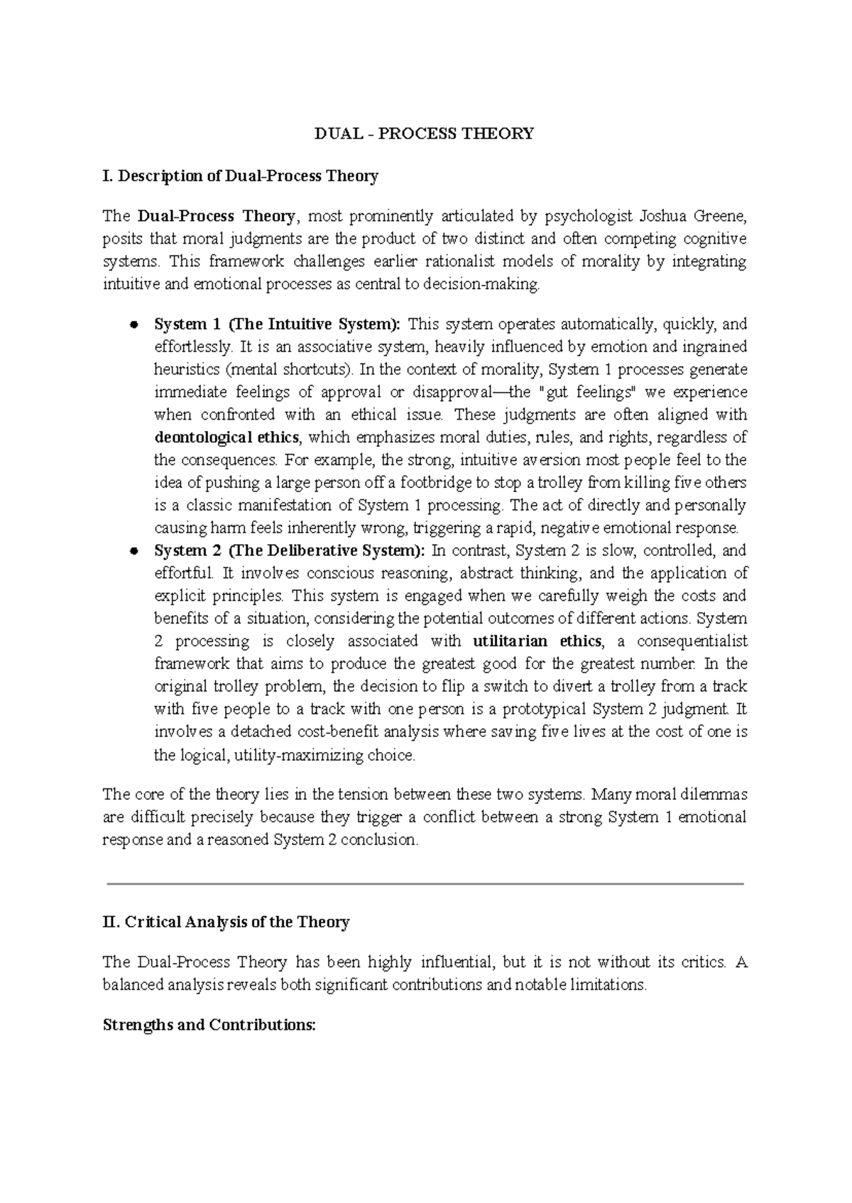 DUAL PROCESS THEORY: Analyzing Moral Judgments and Systems - Studocu