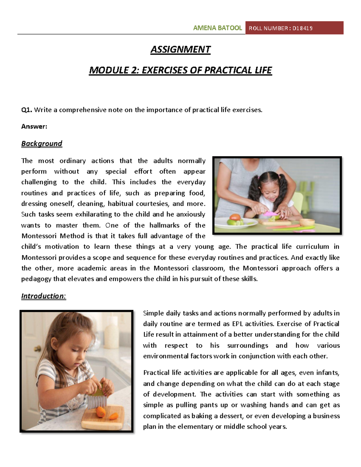 Assignment 2: Importance of Practical Life Exercises in Montessori ...