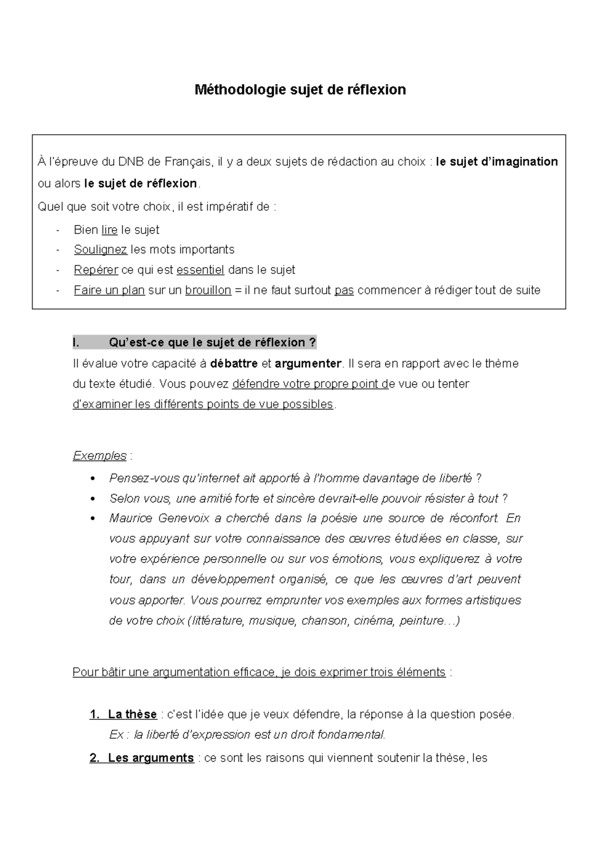 Méthodologie de Sujet de Réflexion pour DNB de Français - Studocu
