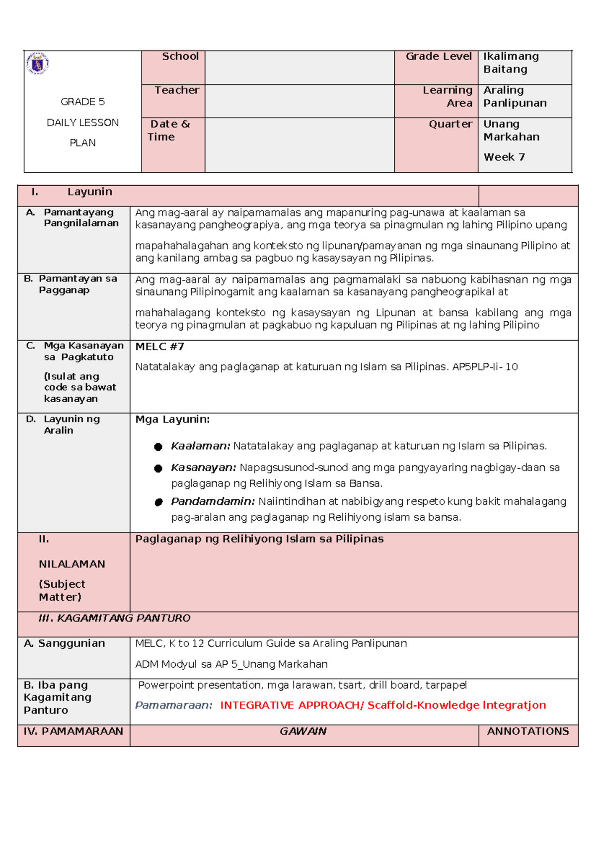 COT-AP 5-Q1-W7 - Paglaganap ng Relihiyong Islam sa Pilipinas - Studocu