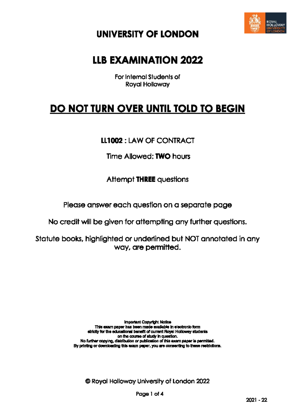 LL1002: Law of Contract - Past Exam Paper 2022 - Studocu