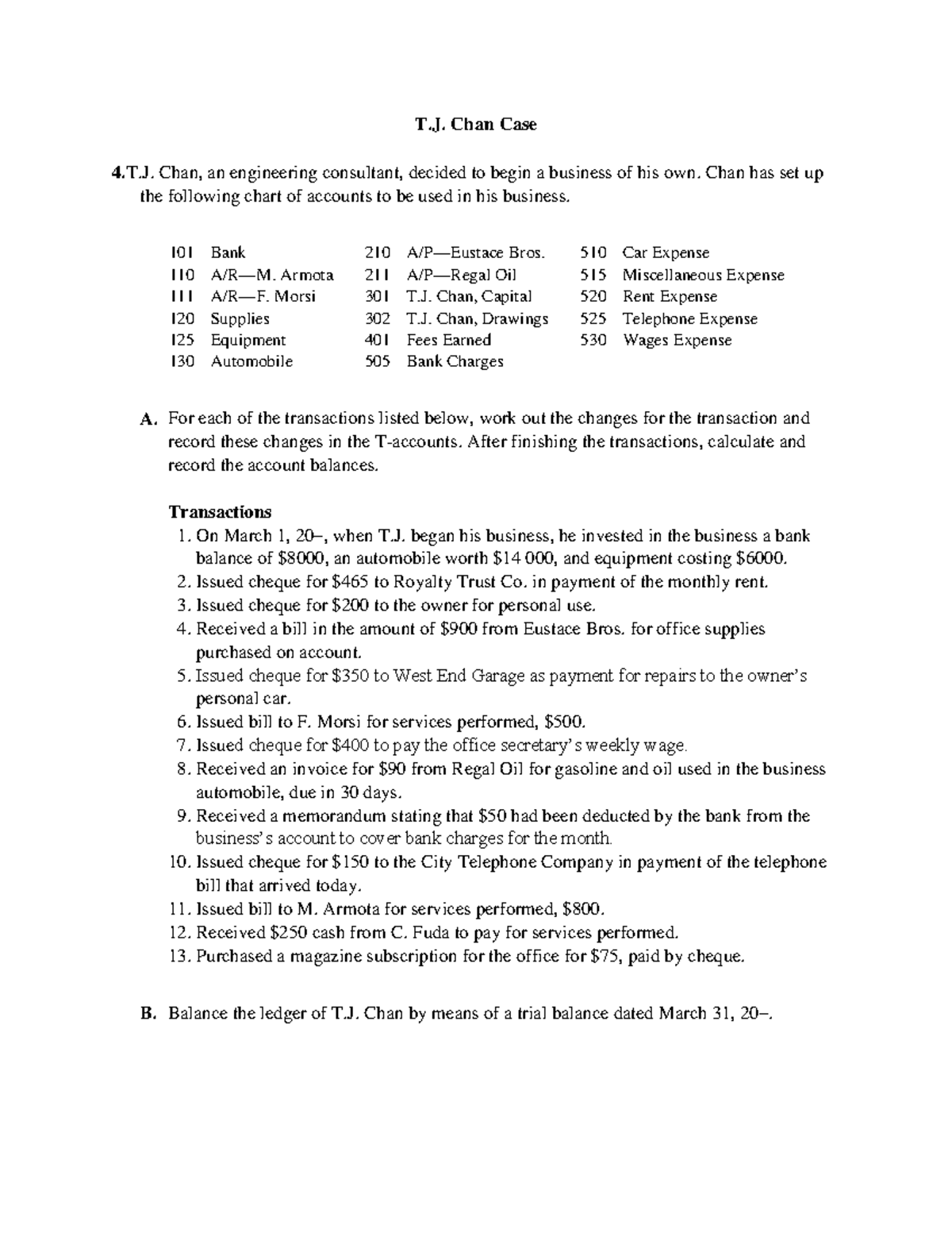 2.15c - T.J. Chan Case Study: T-Accounts & Trial Balance Practice - Studocu