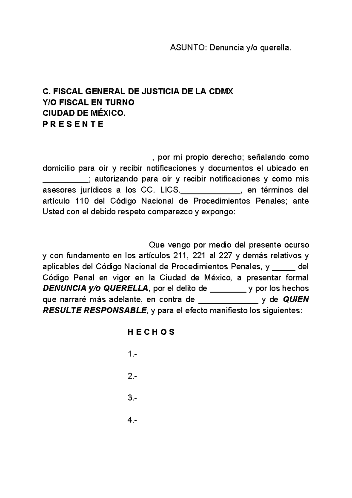 Formato de Denuncia Penal en CDMX - Ejemplo de Querella Formal - Studocu