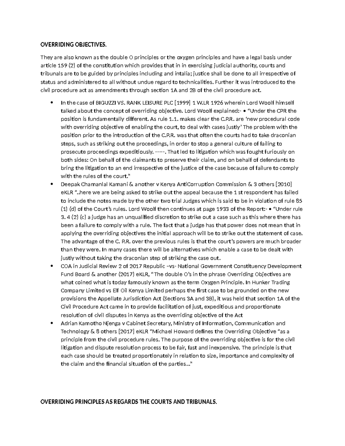 Overriding Objectives in Civil Procedure: The Double O Principles - Studocu