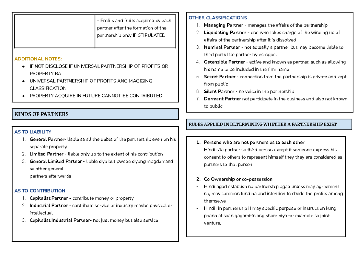 Business LAW (Partnership) Reviewer: Types and Roles of Partners - Studocu