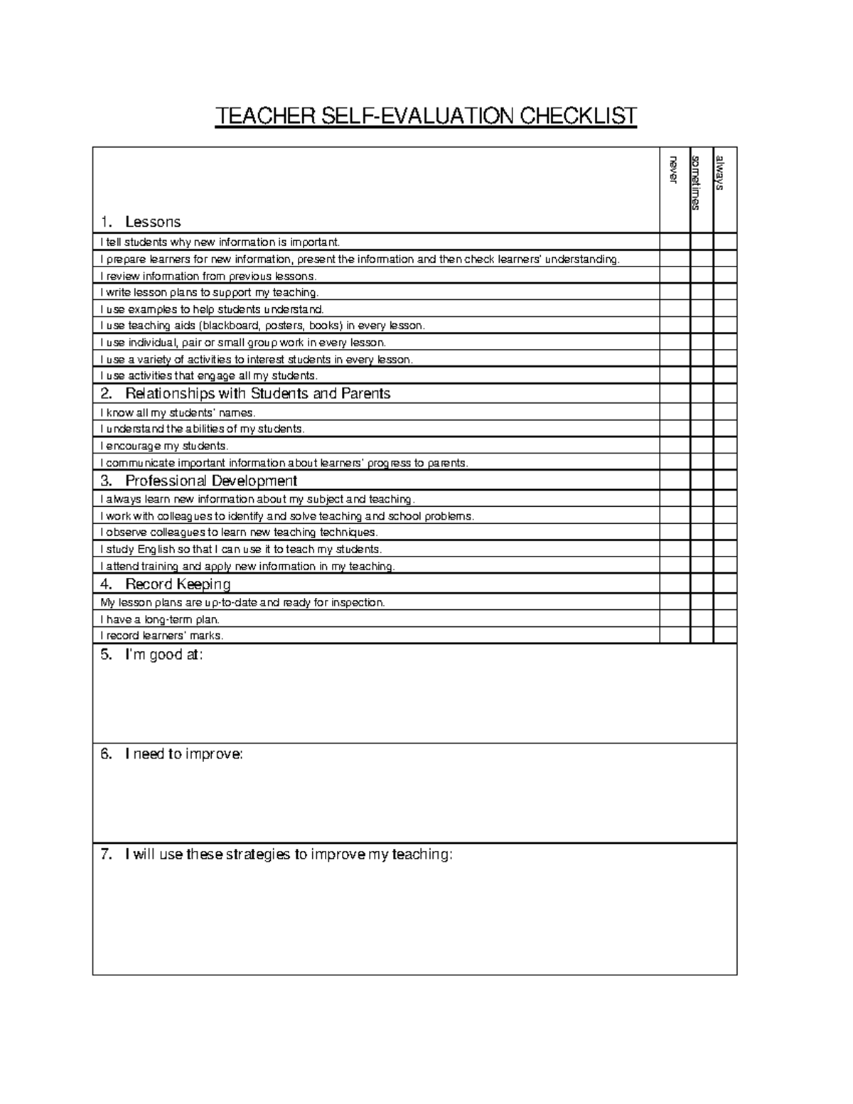 Teacher self evaluation checklist - TEACHER SELF-EVALUATION CHECKLIST 1 ...