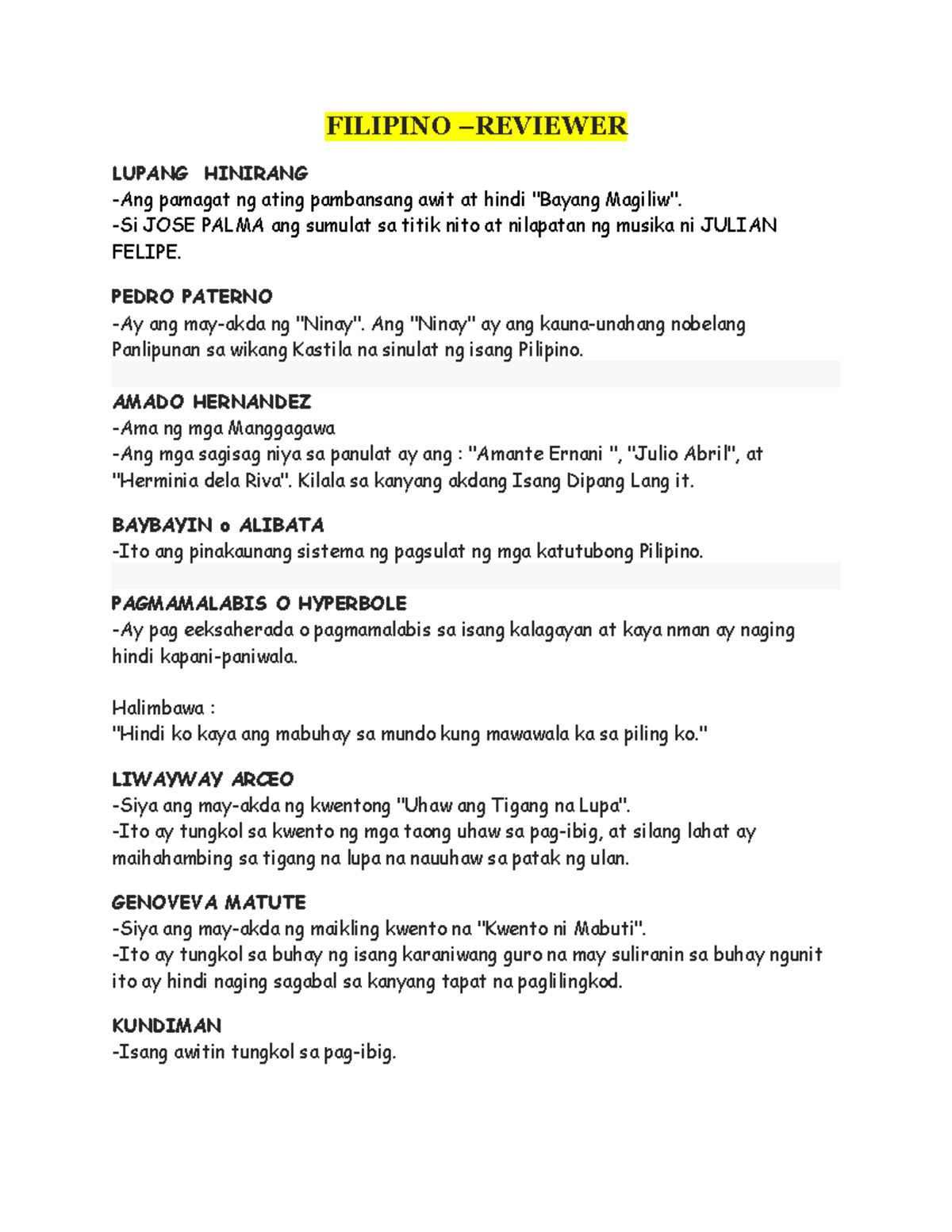 Filipino - Literature Reviewer Notes for Exam Prep - Studocu