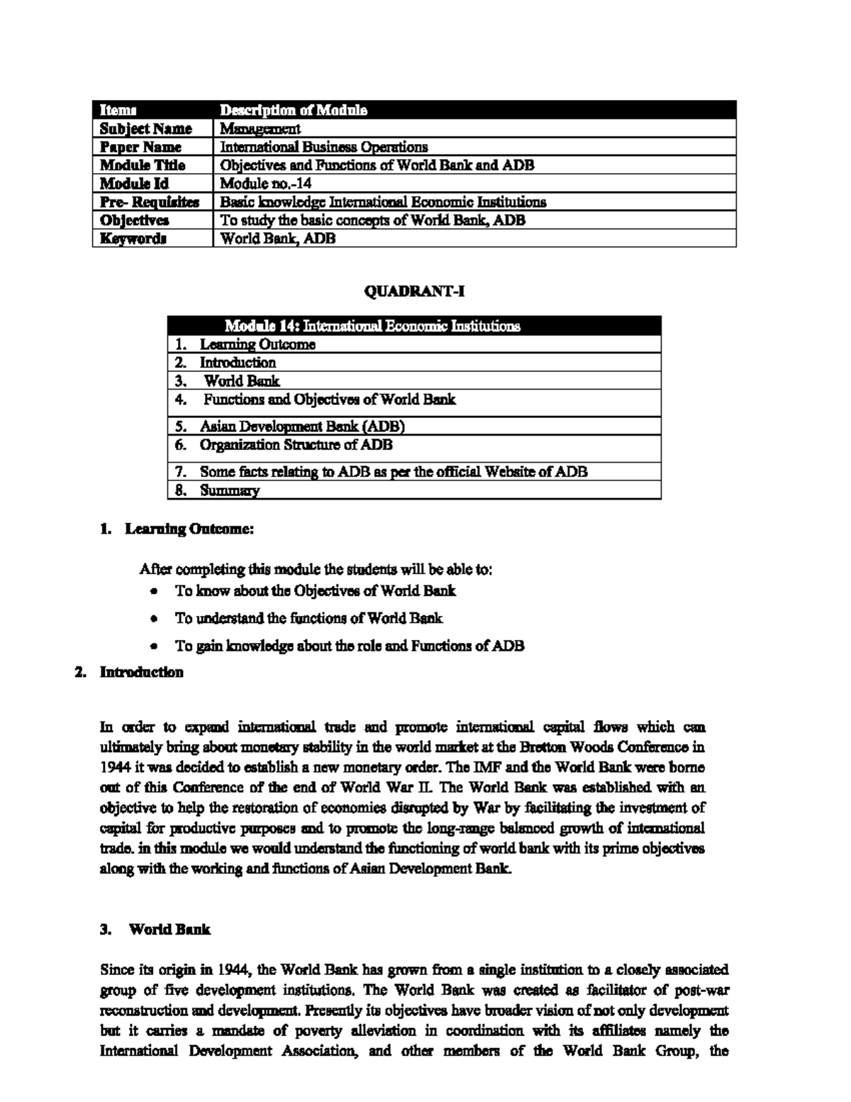 International Business Operations: World Bank & ADB Overview (Module 14 ...