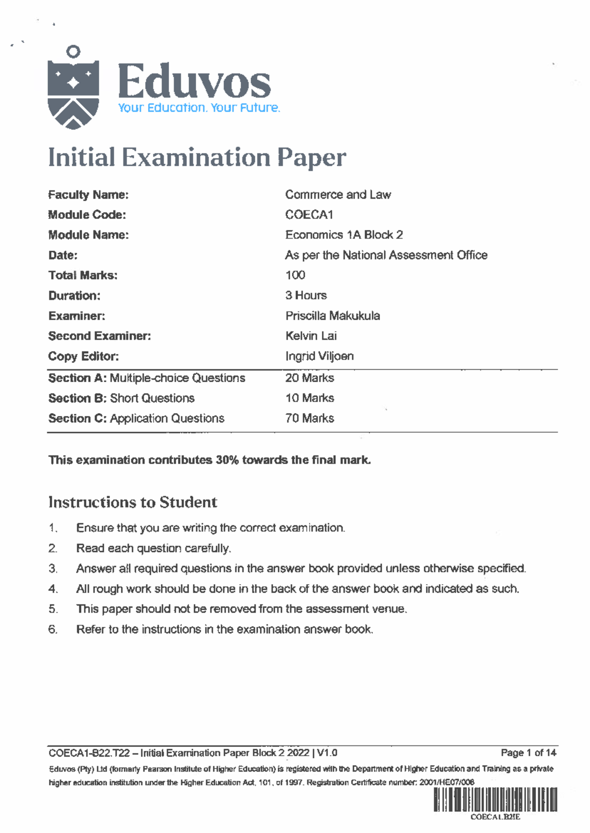 COECA1-B11 Initial Examination Paper 2022: Economics 1A Block 2 - Studocu