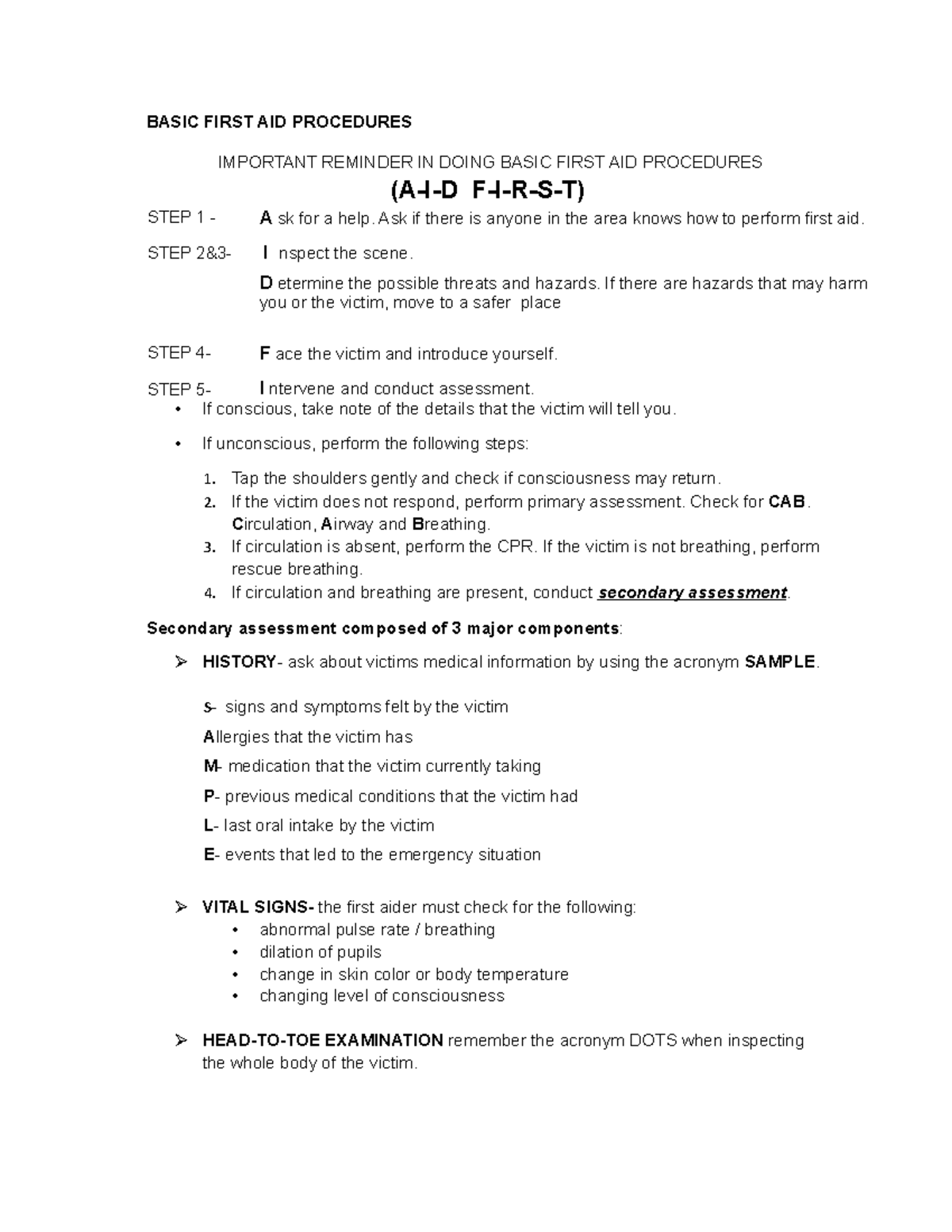 AID First - NOTES - BASIC FIRST AID PROCEDURES IMPORTANT REMINDER IN ...