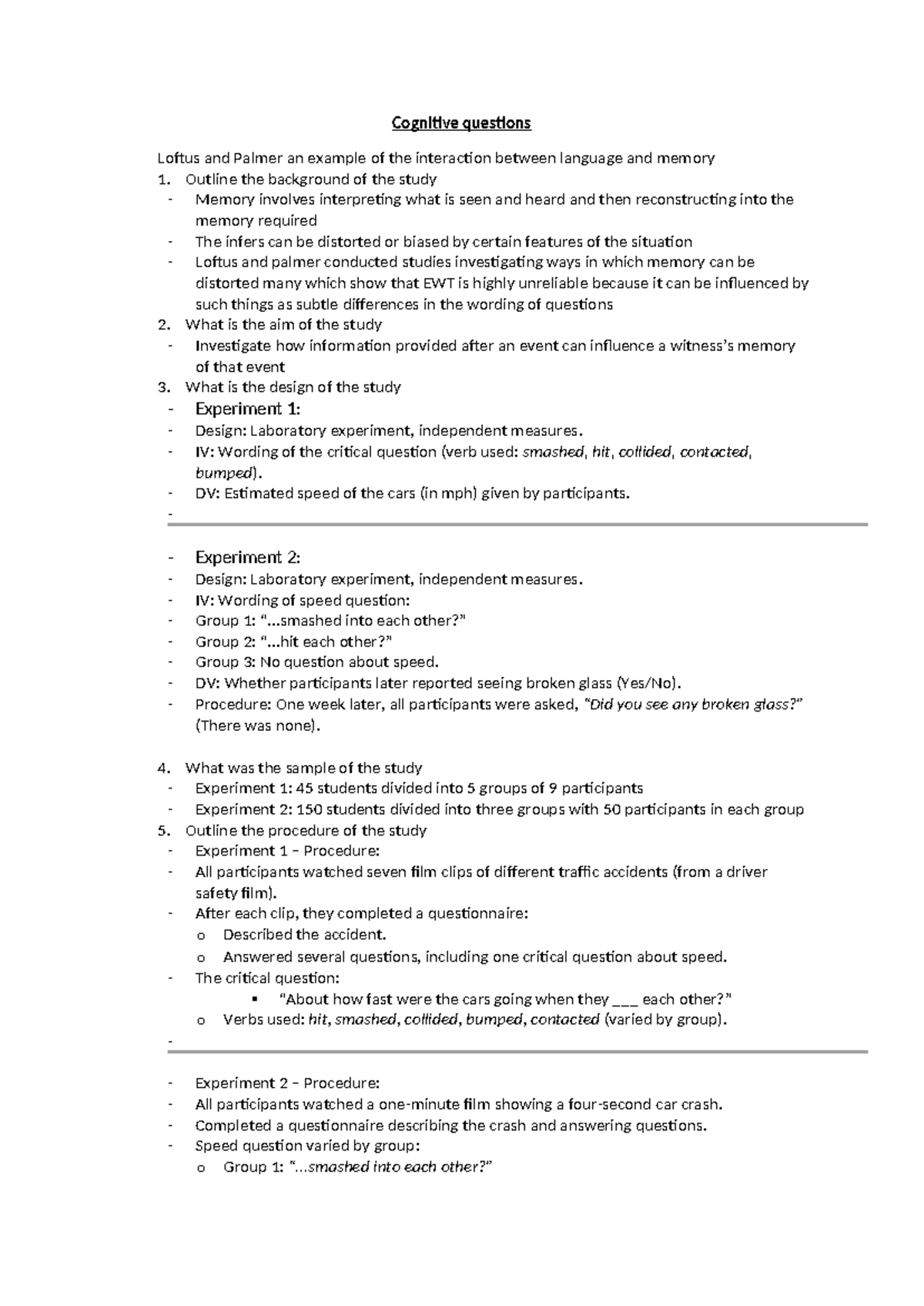 Cognitive Questions: Loftus & Palmer Study on Language and Memory ...