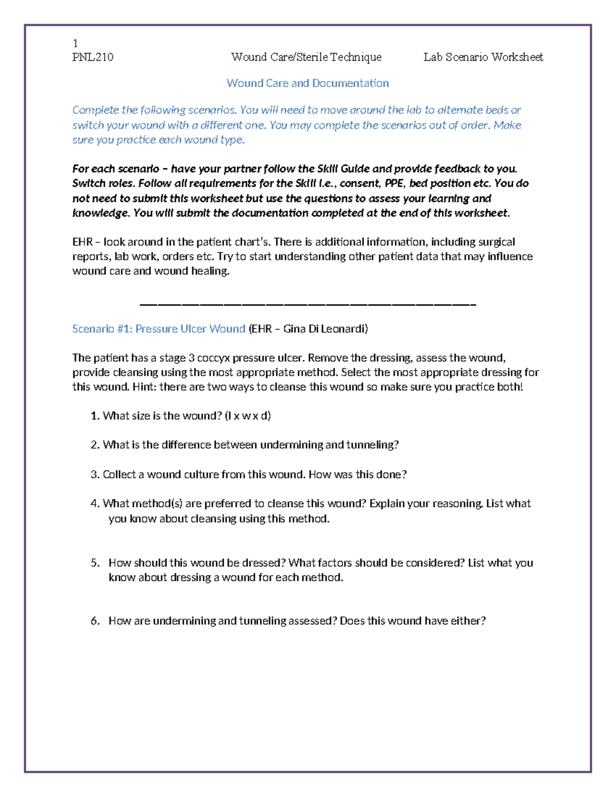 PNL210 Wound Technique Lab Scenarios and Documentation Guide - Studocu