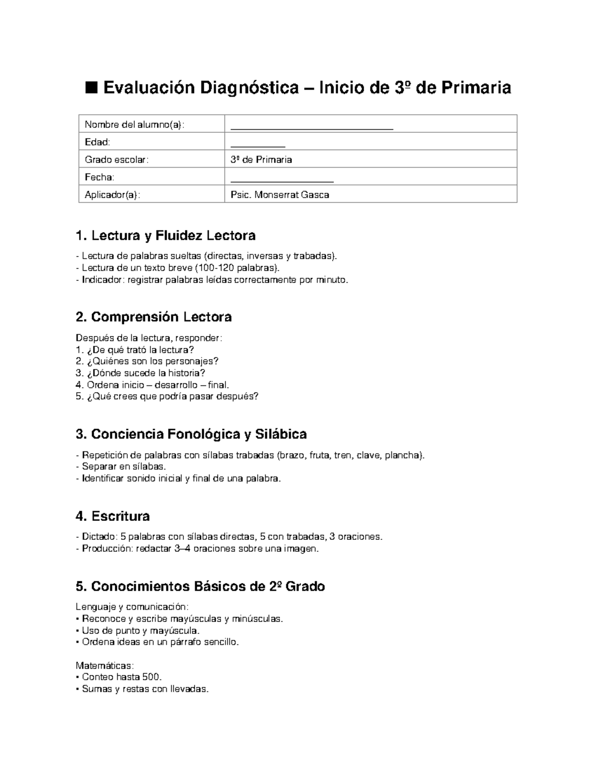 Evaluación Diagnóstica 3º de Primaria - Lectura y Escritura - Studocu