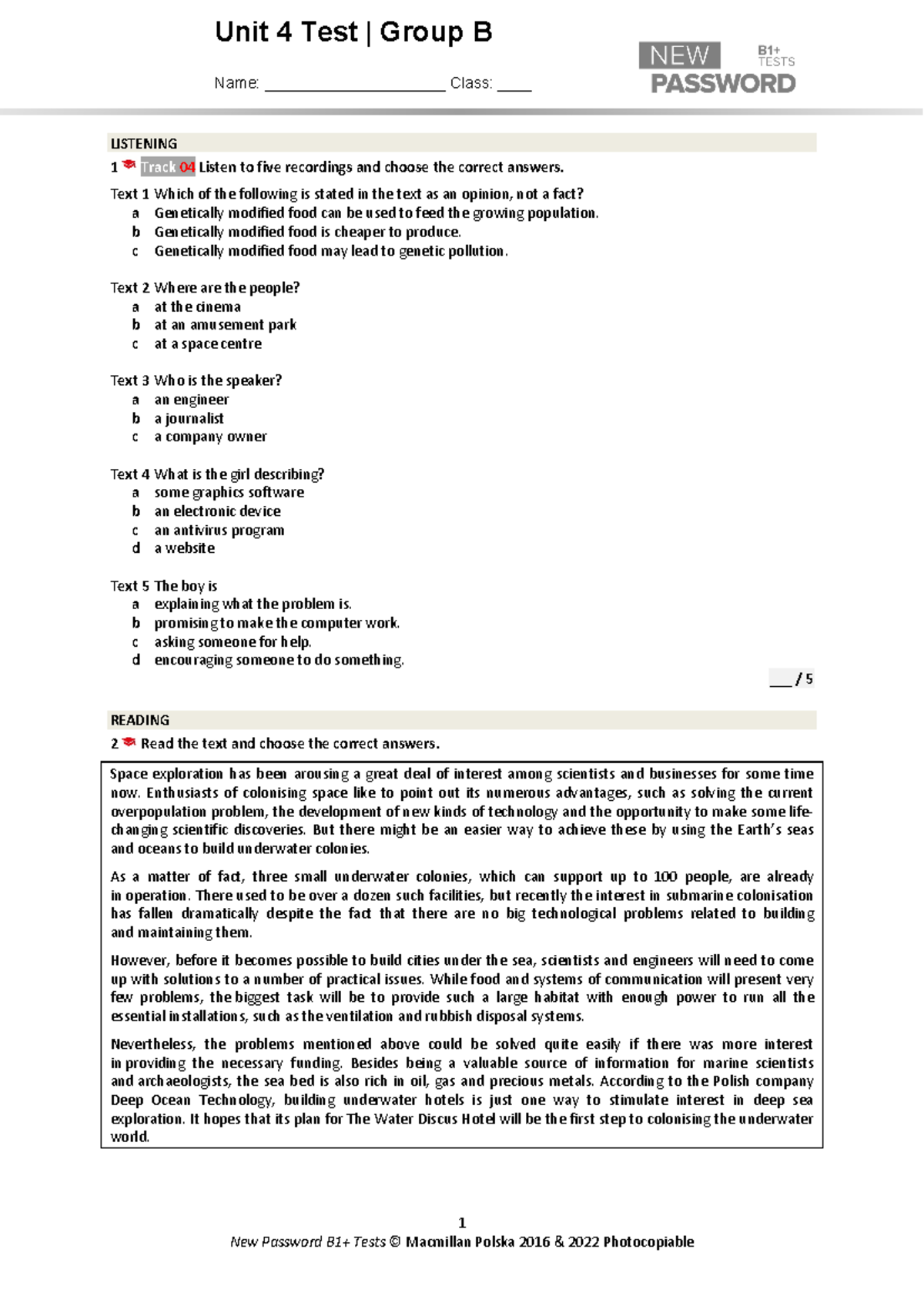 Unit 4 Test Group B: Listening, Reading, Language Functions, Vocabulary ...