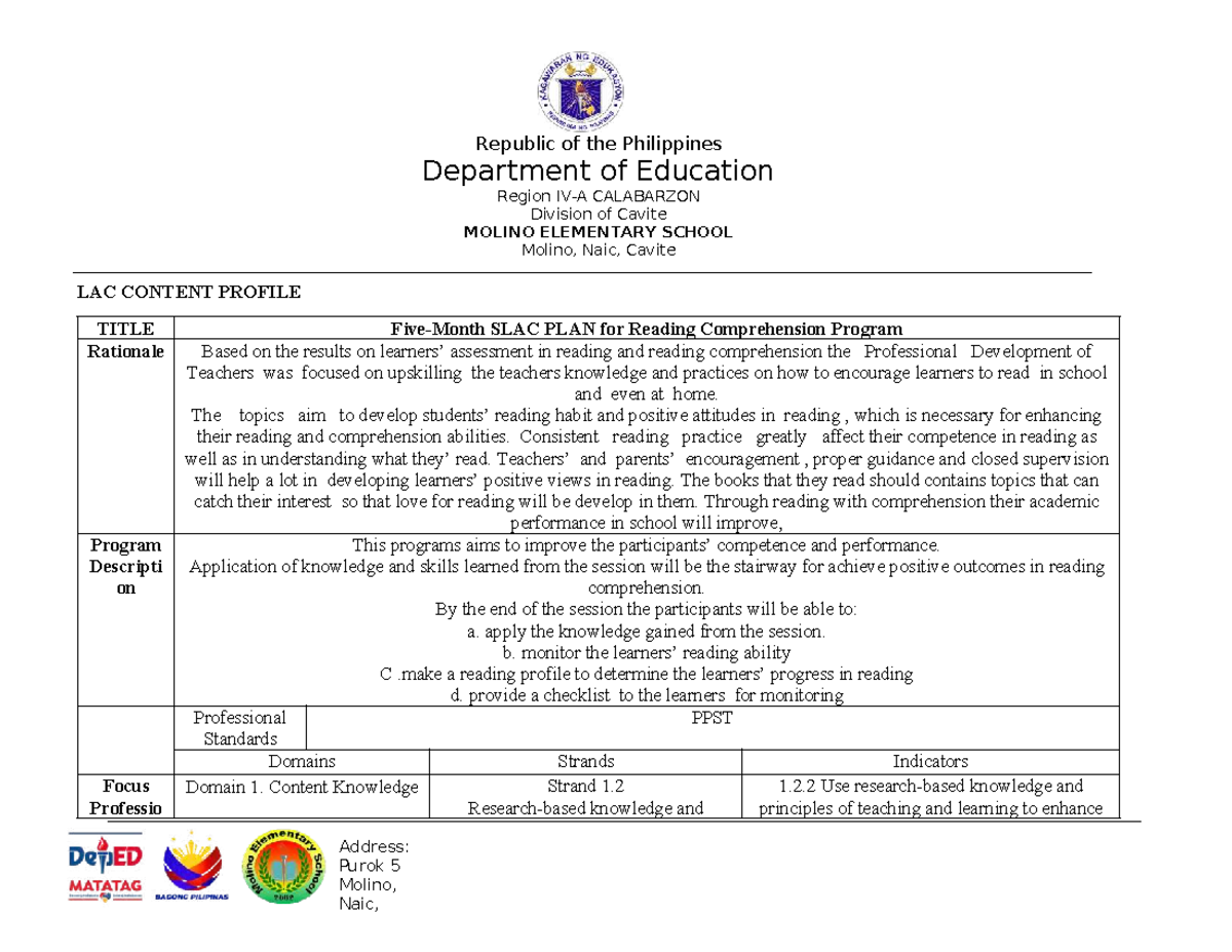 LAC Plan for Reading Comprehension Program (2025-2026) - Studocu