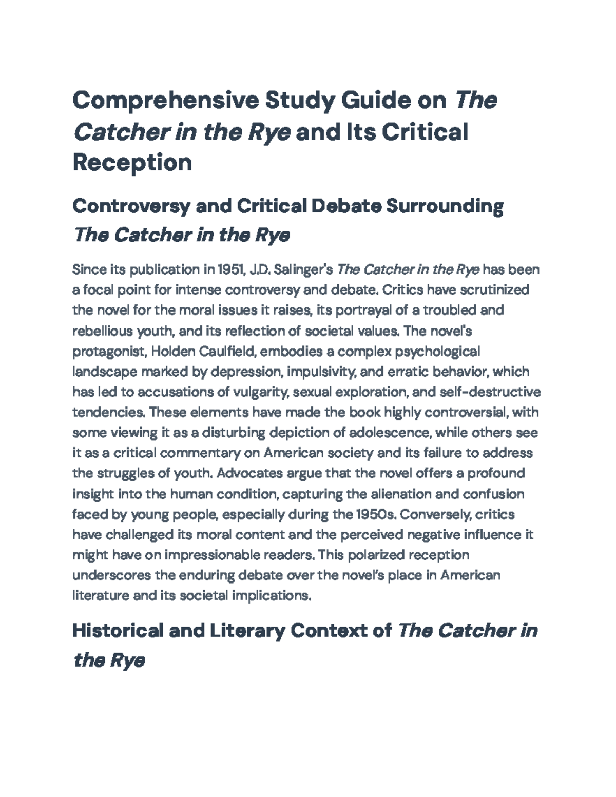 Comprehensive Study Guide: J.D. Salinger's "The Catcher in the Rye ...