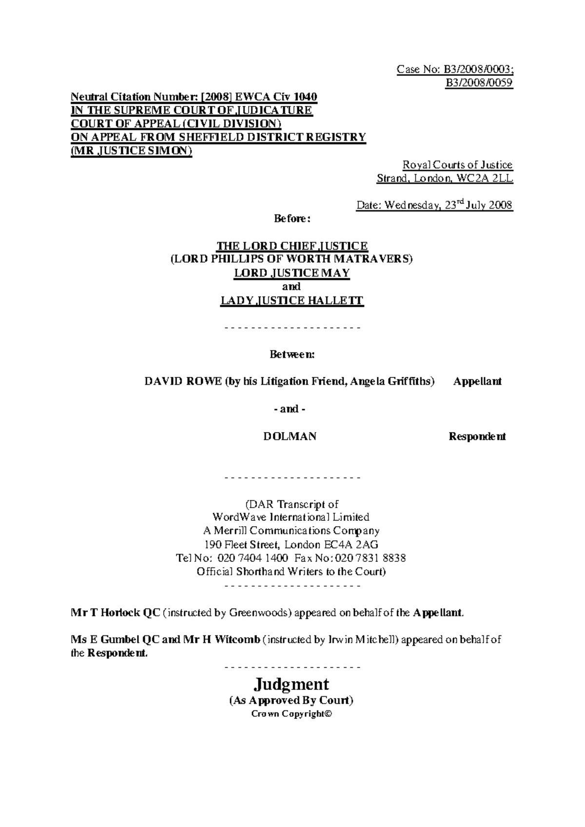 Case Study: Rowe v Dolman - EWCA Civ 1040 Judgment Analysis - Studocu