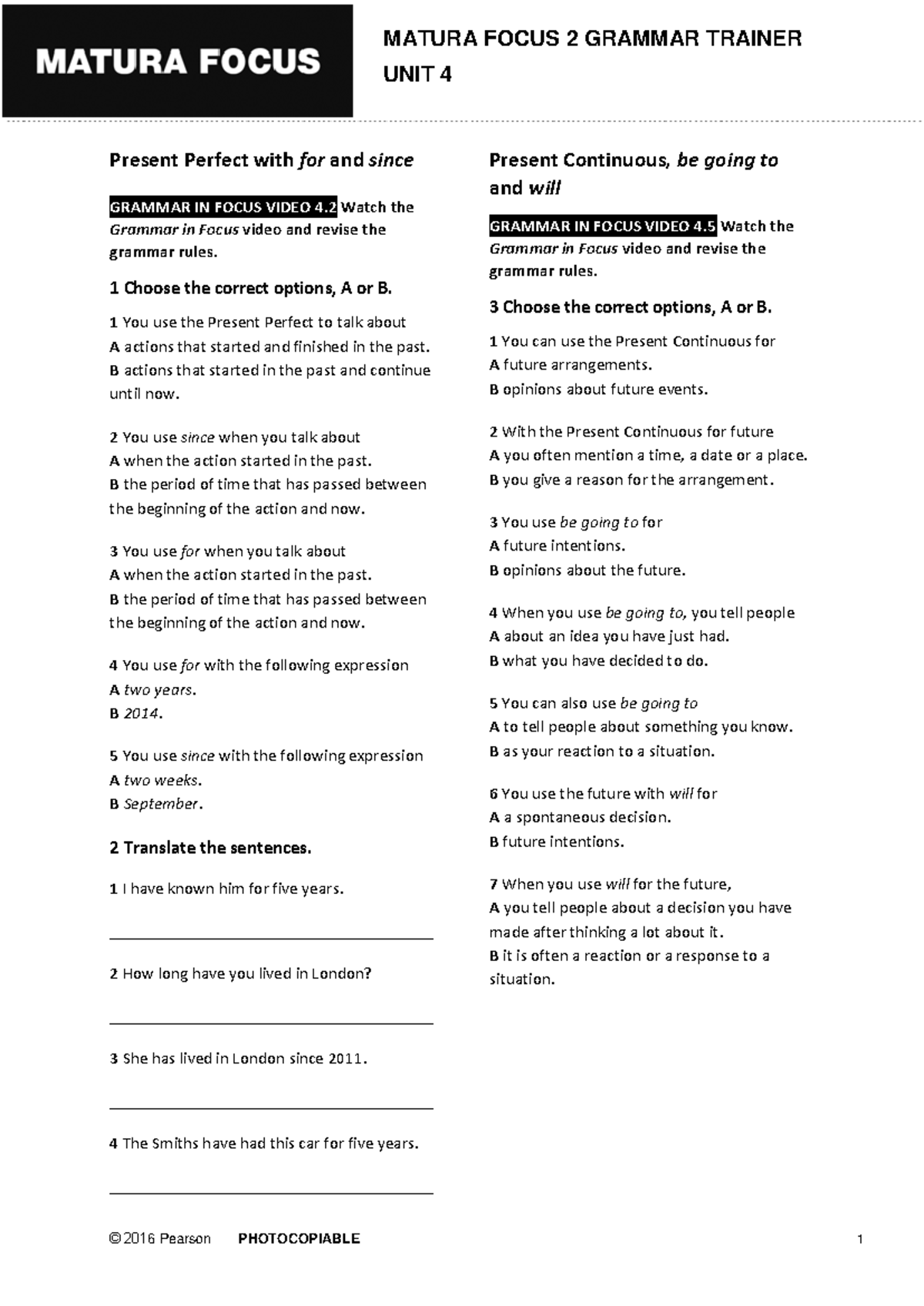 MATURA FOCUS 2 GRAMMAR TRAINER UNIT 4: Present Perfect & Future Tenses ...