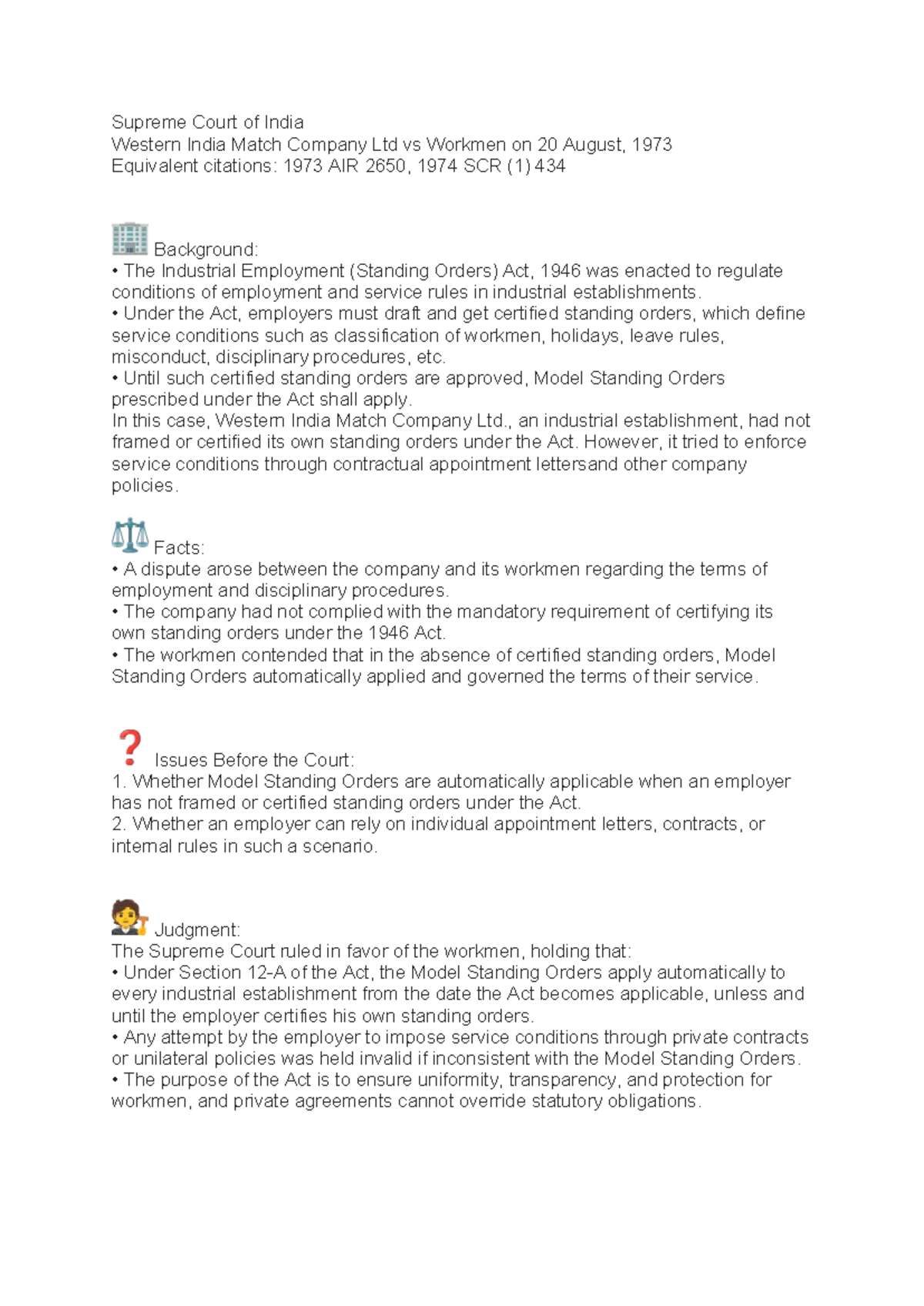 Supreme Court Case Study: Western India Match Co. Ltd vs Workmen - Studocu