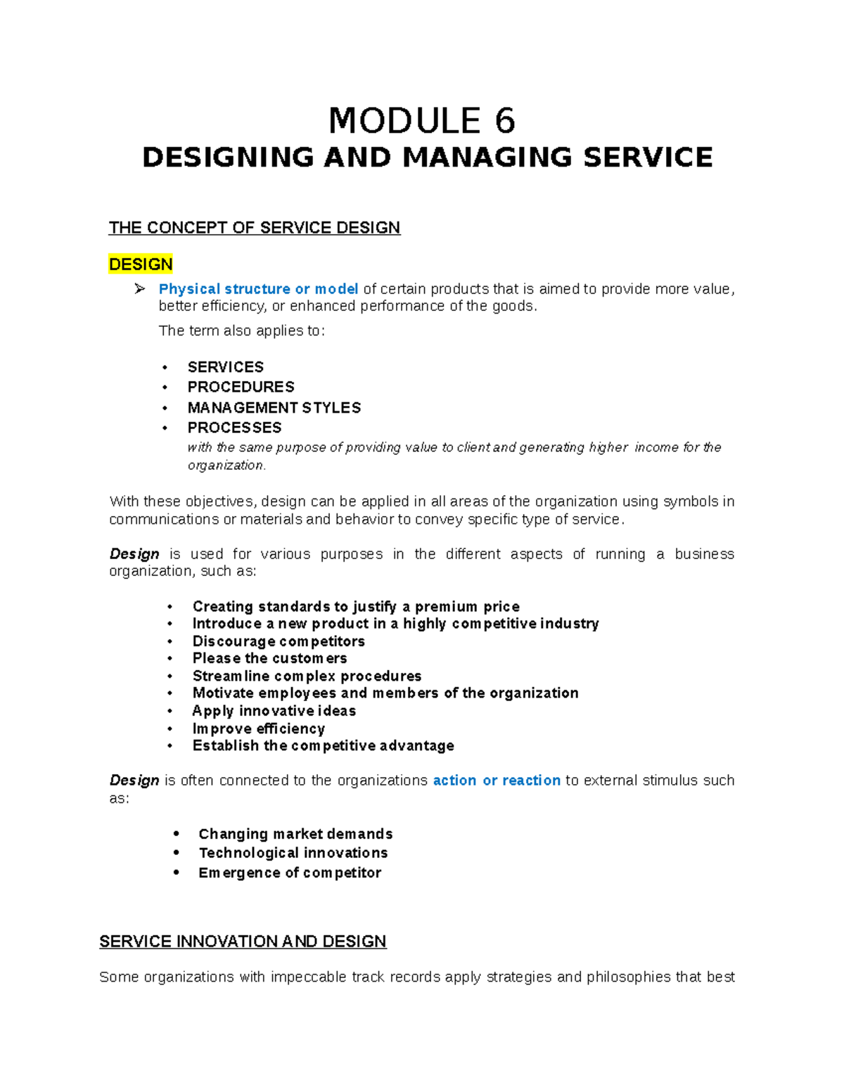 Module 6: Service Design & Management Principles and Practices - Studocu