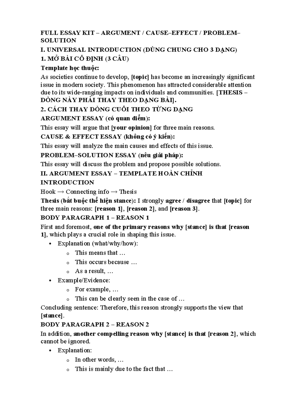 FULL 3 ESSAYS KIT - Argument, Cause-Effect, & Solutions - Studocu