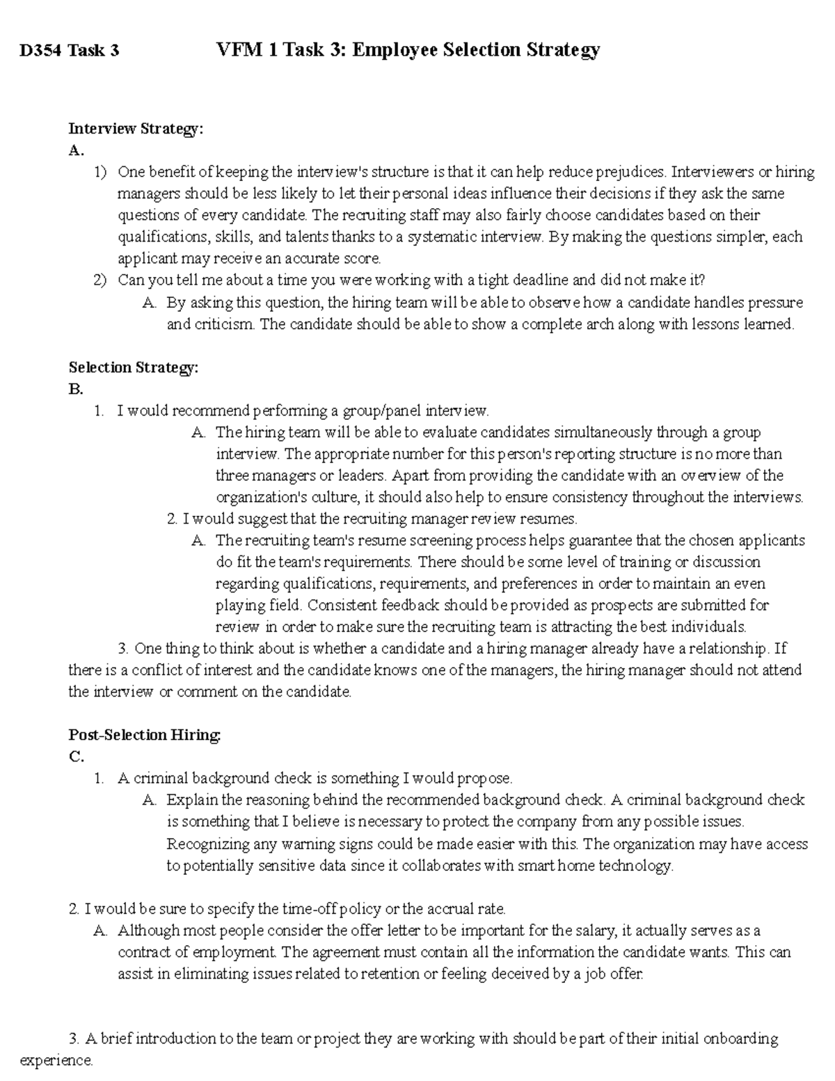 D354 Task 3: Employee Selection Strategy and Interview Techniques - Studocu