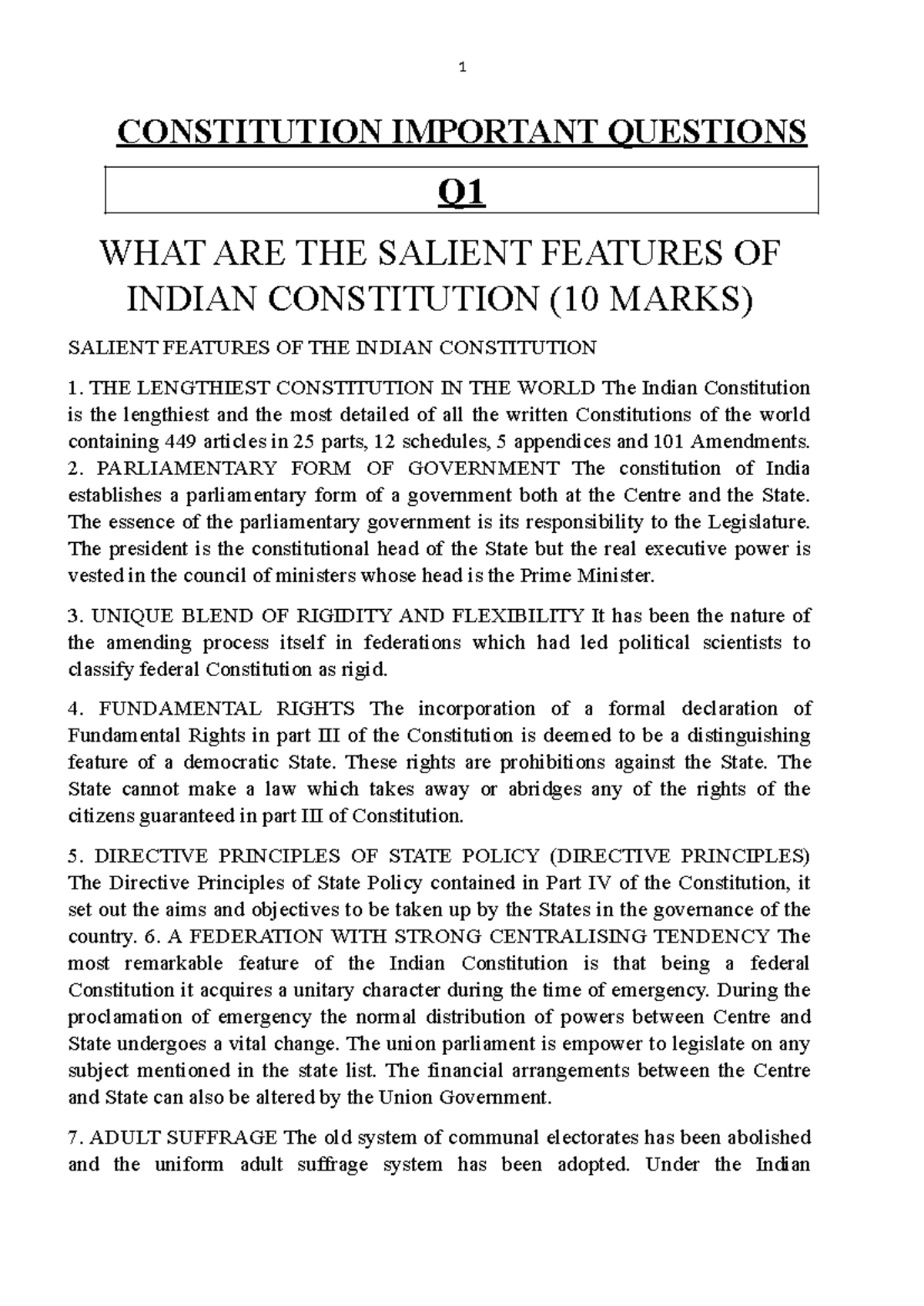 Constitution Important Questions - CONSTITUTION IMPORTANT QUESTIONS Q ...