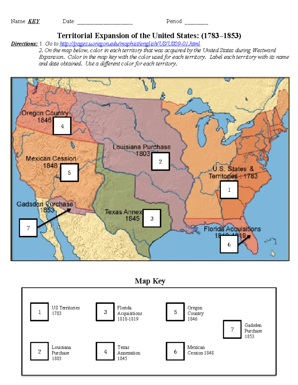 Westward expansion map and notes key - Name: KEY Date ...