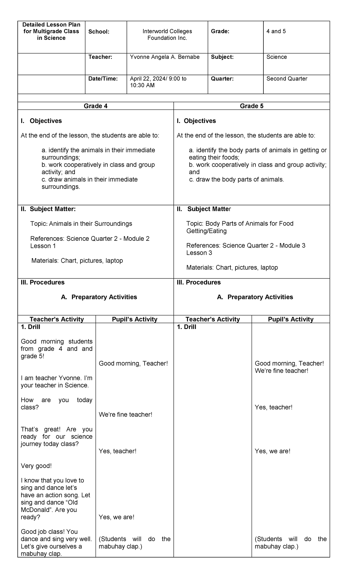 Detailed Lesson Plan: Science for Multigrade Class (Grades 4 & 5) - Studocu