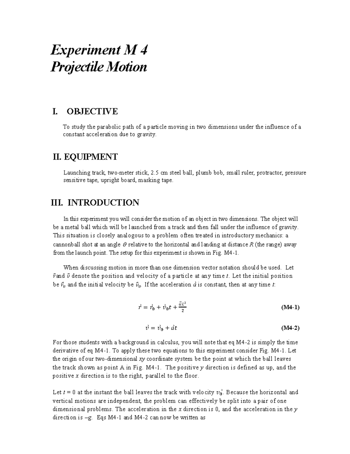 151-M4 Projectile Motion Experiment: Analyzing Parabolic Trajectories - Studocu