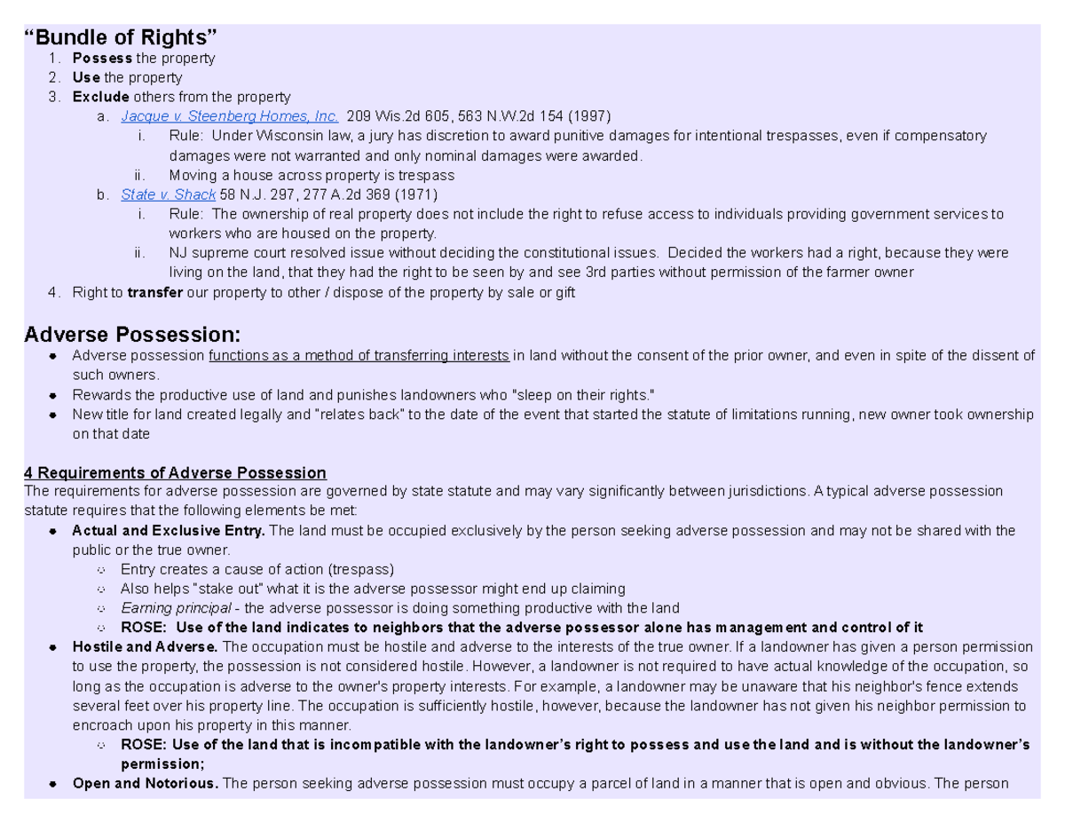 Property Outline - “Bundle of Rights” Possess the property Use the ...
