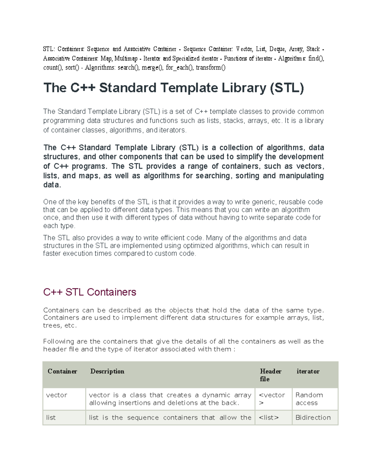 OODP: Unit 5 - STL Containers, Iterators, and Algorithms Overview - Studocu