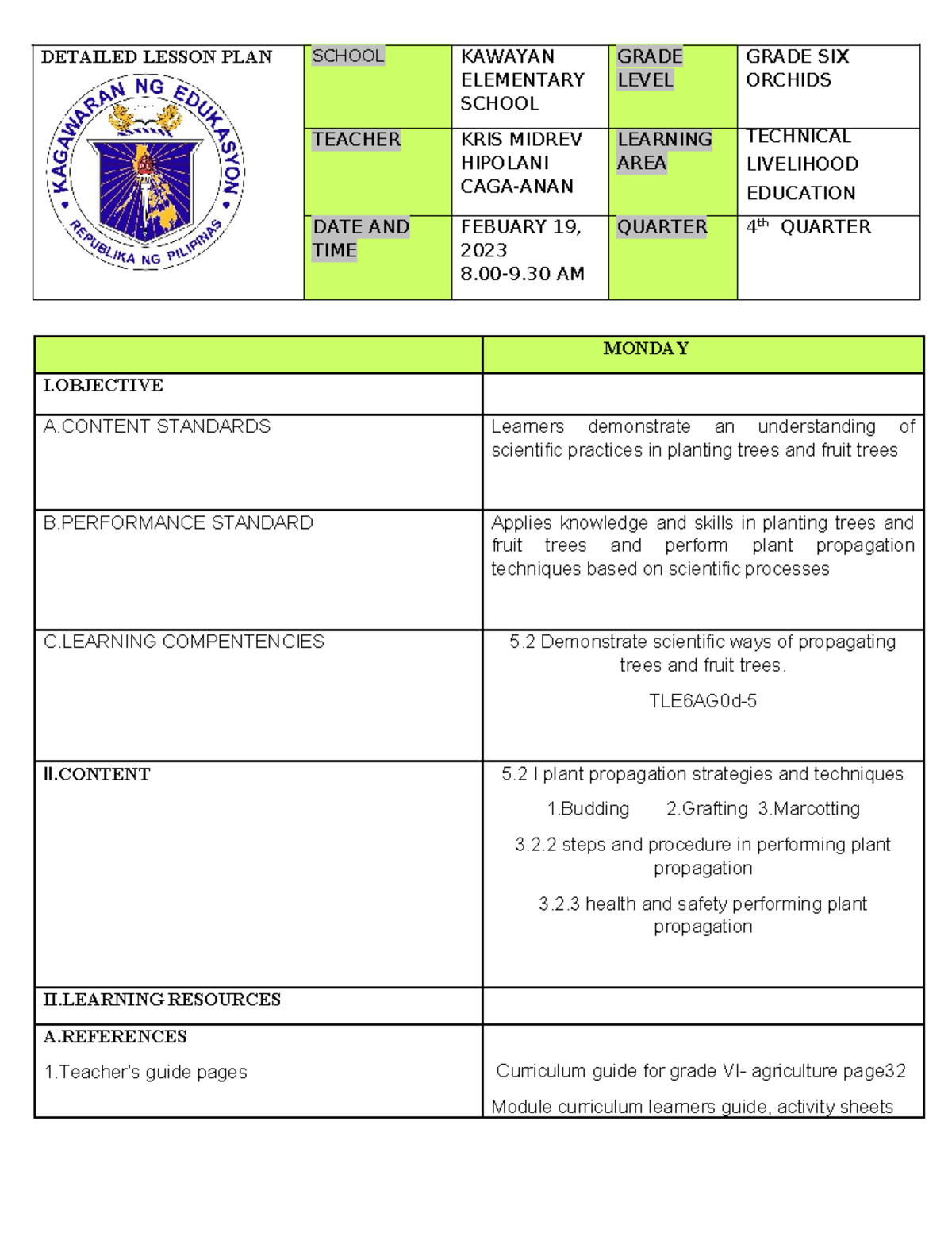 Detailed Lesson Plan on Plant Propagation Techniques for TLE6AG0d - Studocu