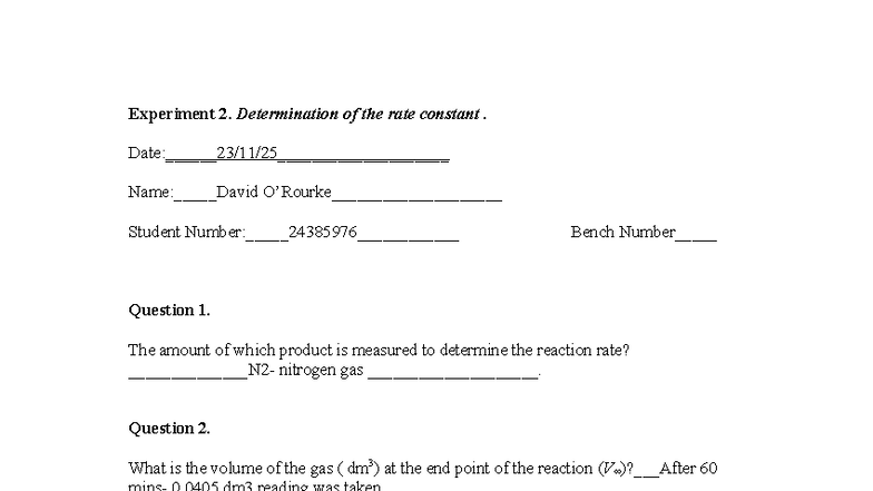Exp. 2: Determining Reaction Rate Constant & Gas Volume - Studocu
