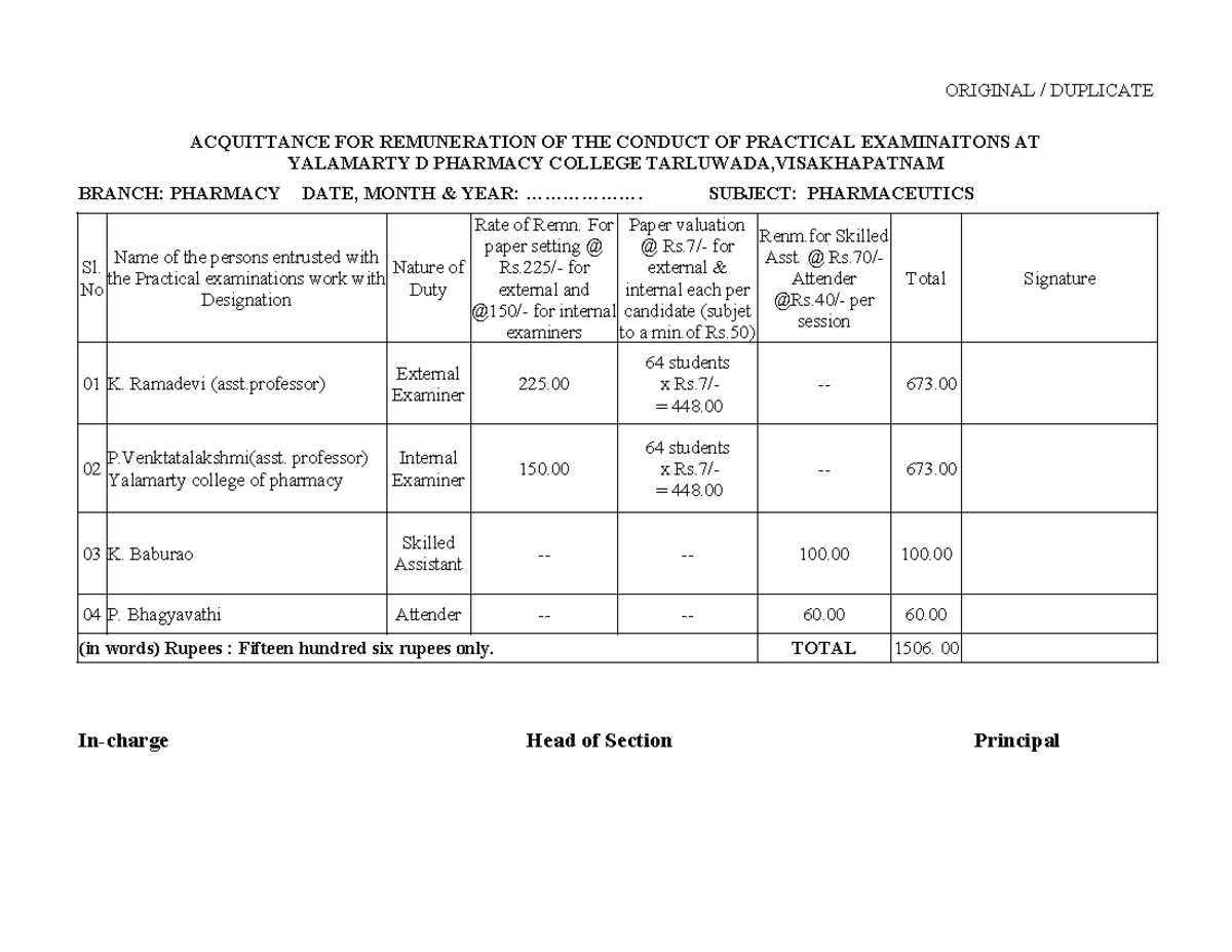 Pract Remuneration Format for Practical Exams at Yalamarty D Pharmacy ...