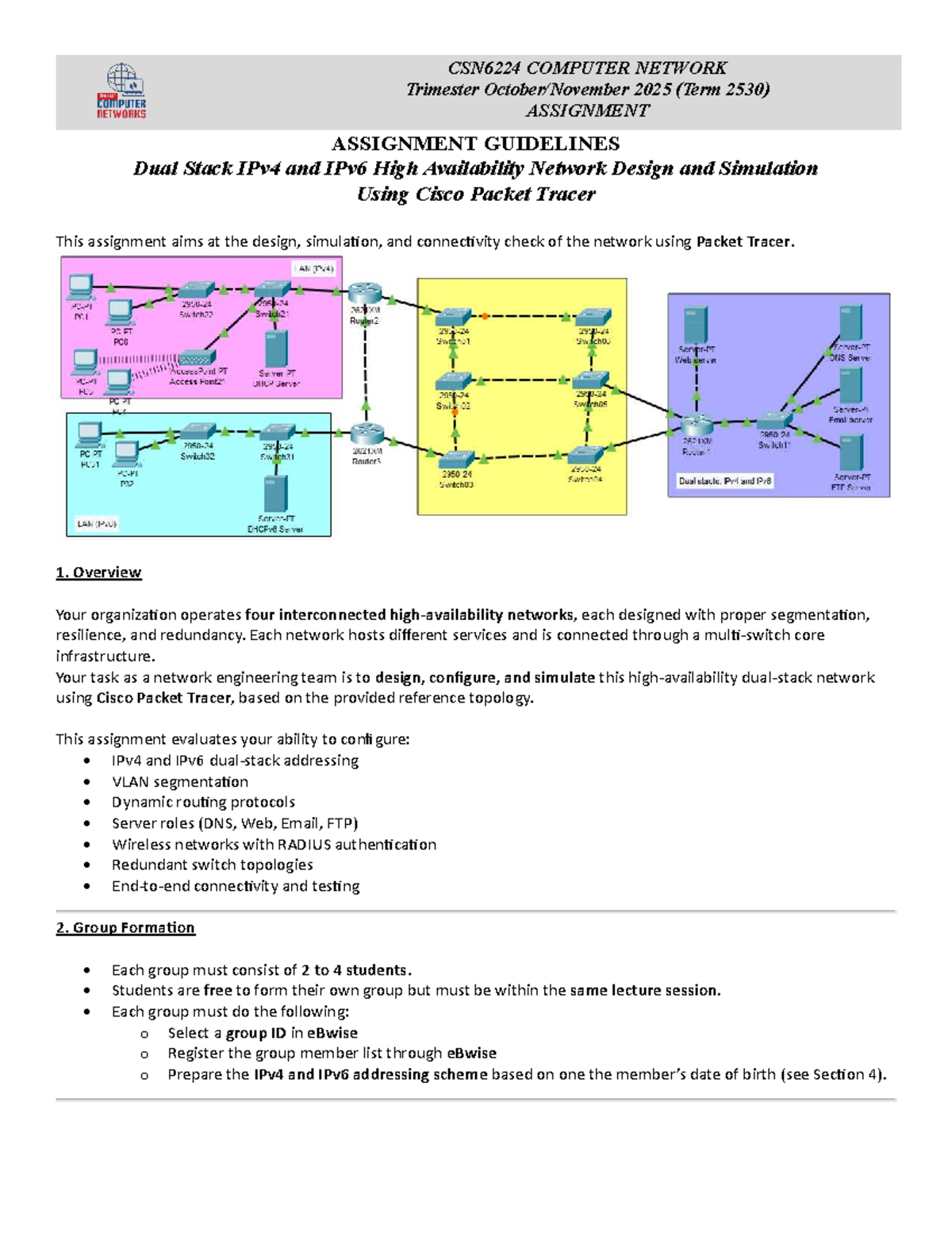 CSN6224 2530 Assignment Guidelines: Dual Stack Network Design with Packet Tracer - Studocu