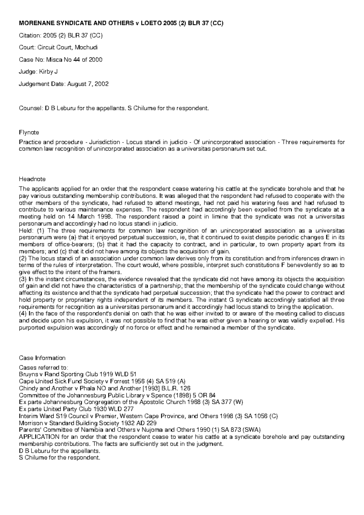 Morenane Syndicate v Loeto: Jurisdiction & Locus Standi in Judicio ...