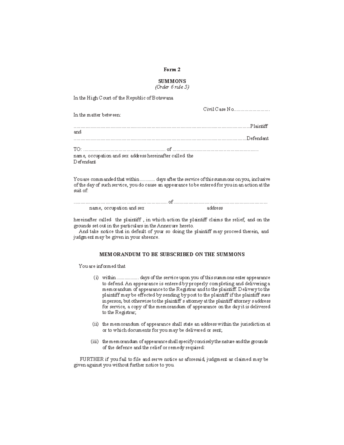 Botswana High Court Summons Form Example (Order 6 Rule 5) - Studocu