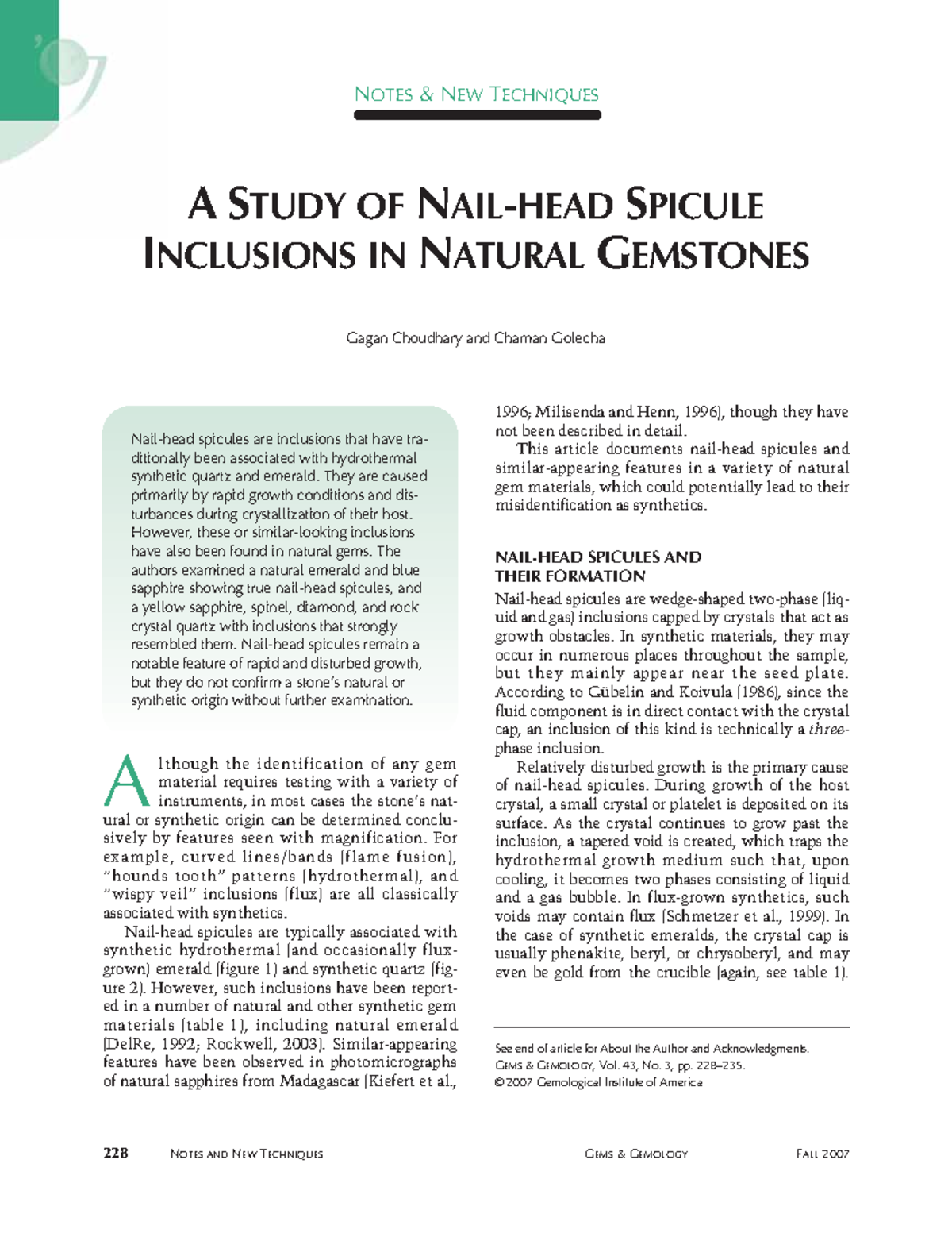 Study of Nail-Head Spicule Inclusions in Natural Gemstones (GEMS 43.3 ...