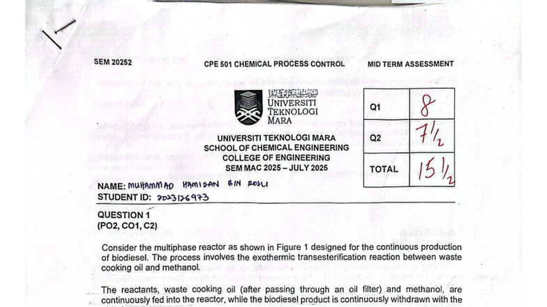 CPE 501 CHEMICAL PROCESS CONTROL MIDTERM ASSESSMENT MTA MAC 2025 - Studocu